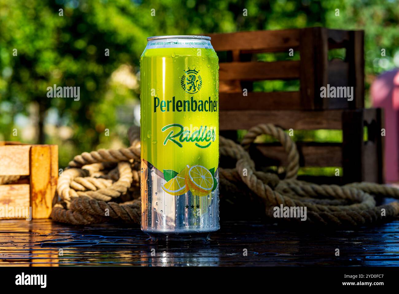Perlenbacher Radler beer can - condensation water droplets, outdoors ...