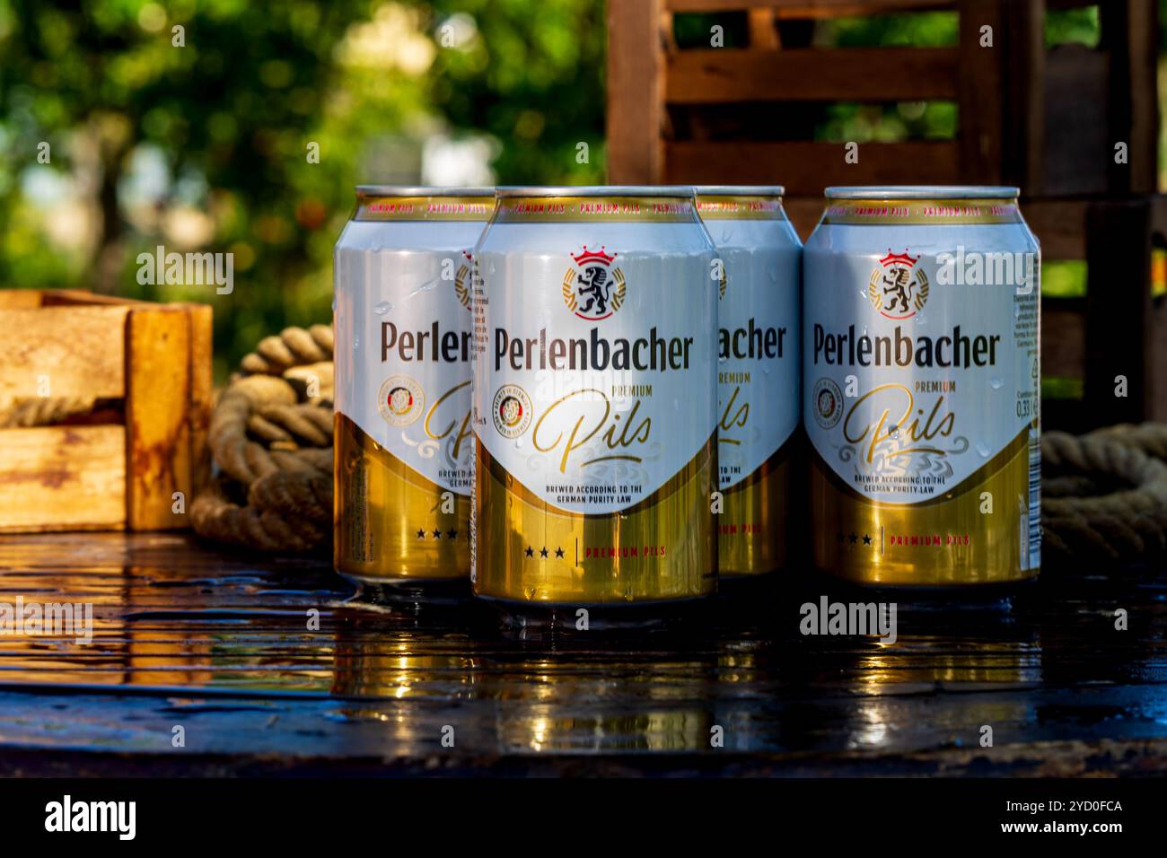 Perlenbacher beer can - condensation water droplets, outdoors ...