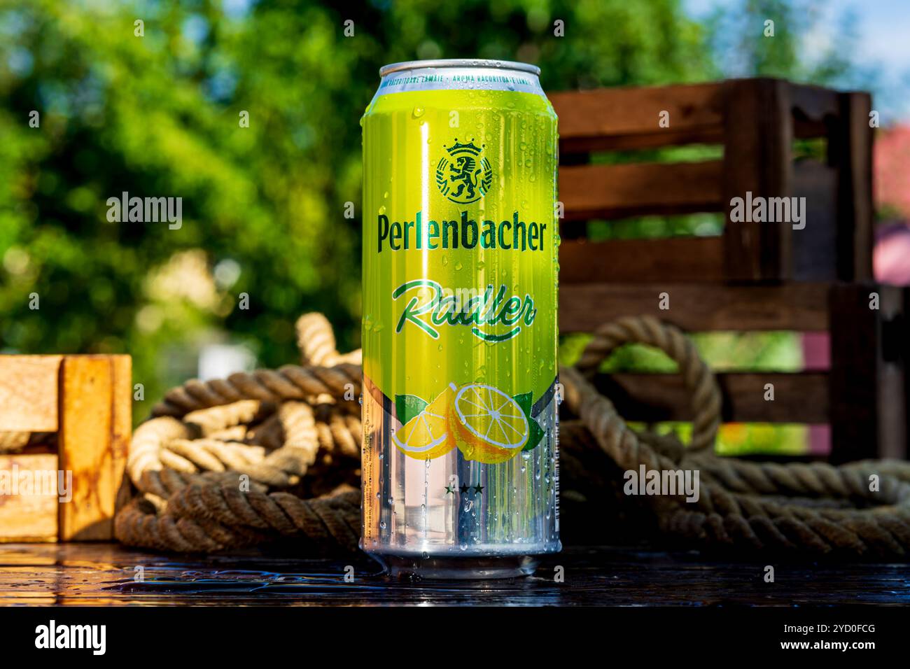 Perlenbacher Radler beer can - condensation water droplets, outdoors ...