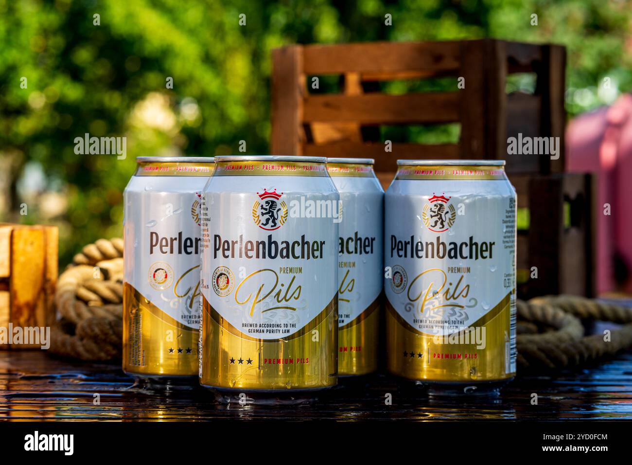 Perlenbacher beer can - condensation water droplets, outdoors background Stock Photo - Alamy