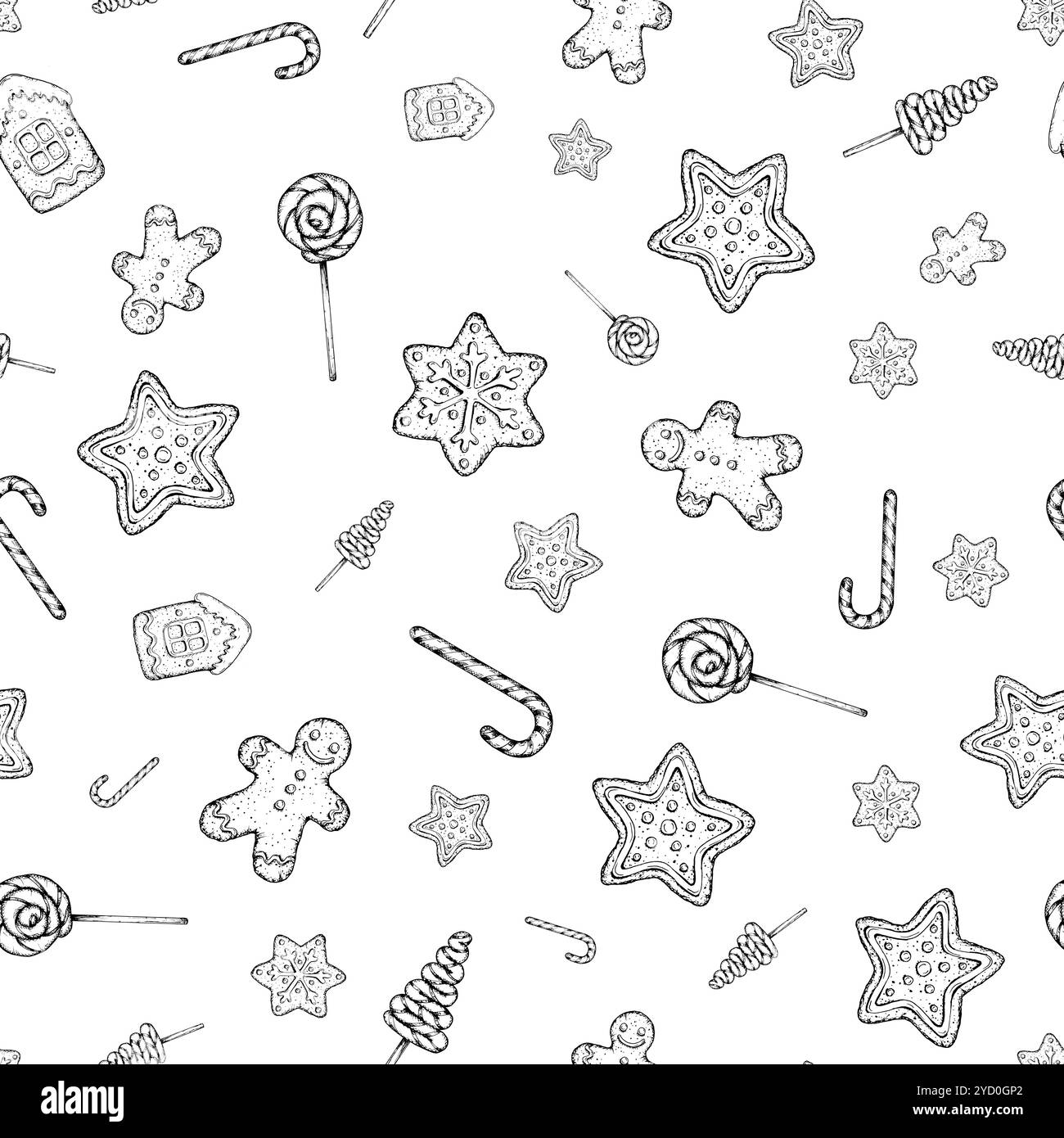 Seamless vector pattern of hand drawn Christmas cookies, lollipops ...