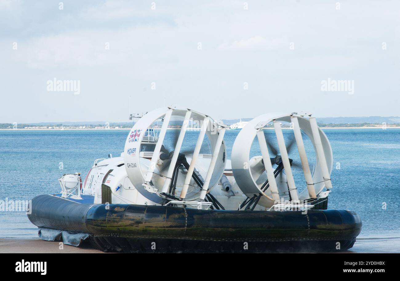 Rear view of hovercraft showing fans and steering fins and skirt fully ...