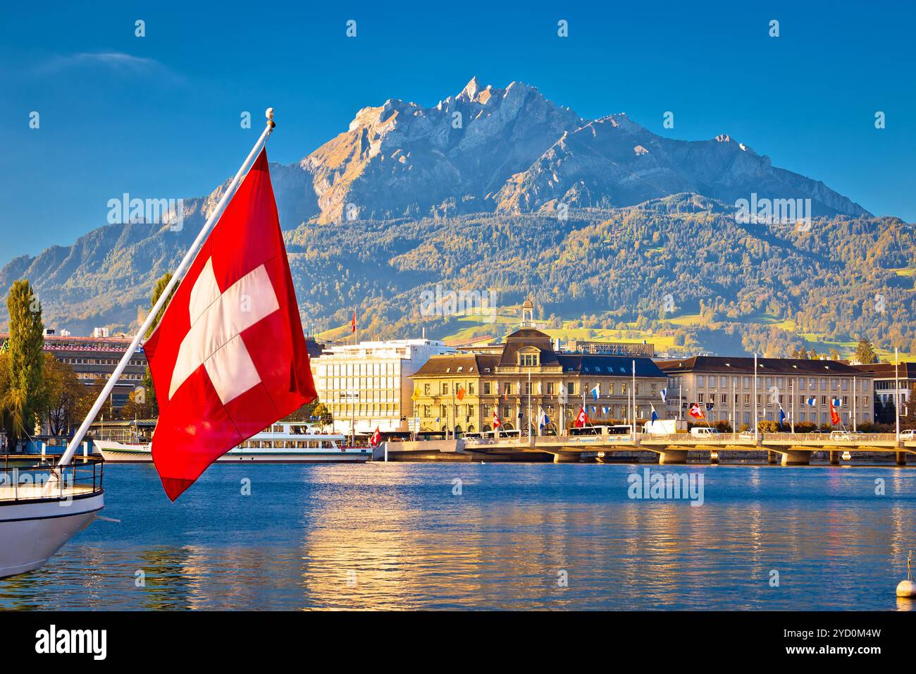 Lake Luzern and town waterfront with Pilatus mountain peak view Stock ...