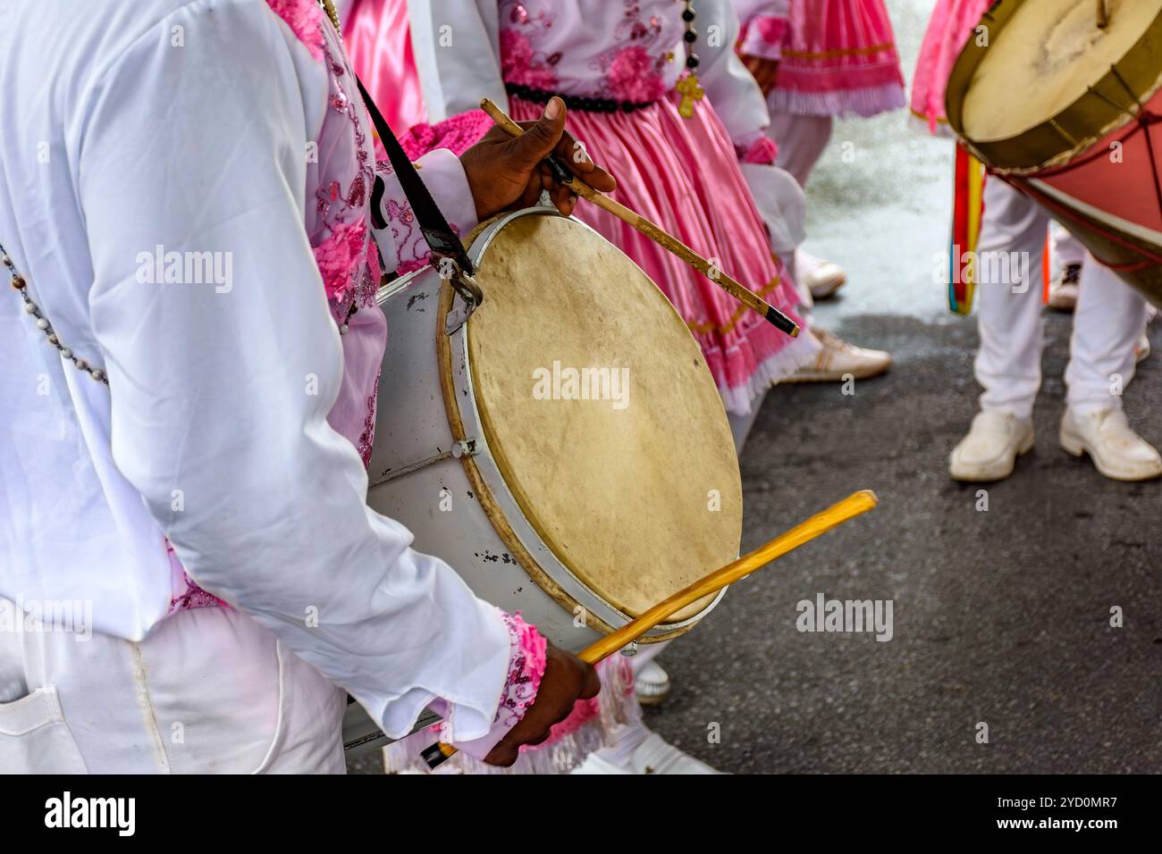 Drummers on the street with their instruments during a popular festival ...