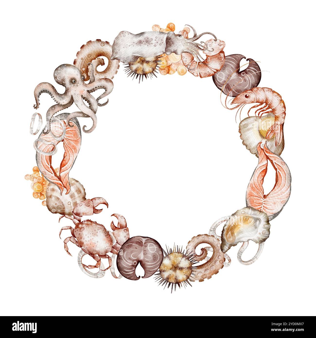 Seafood background Watercolor frame. Hand drawn shrimp, lobster, crab ...