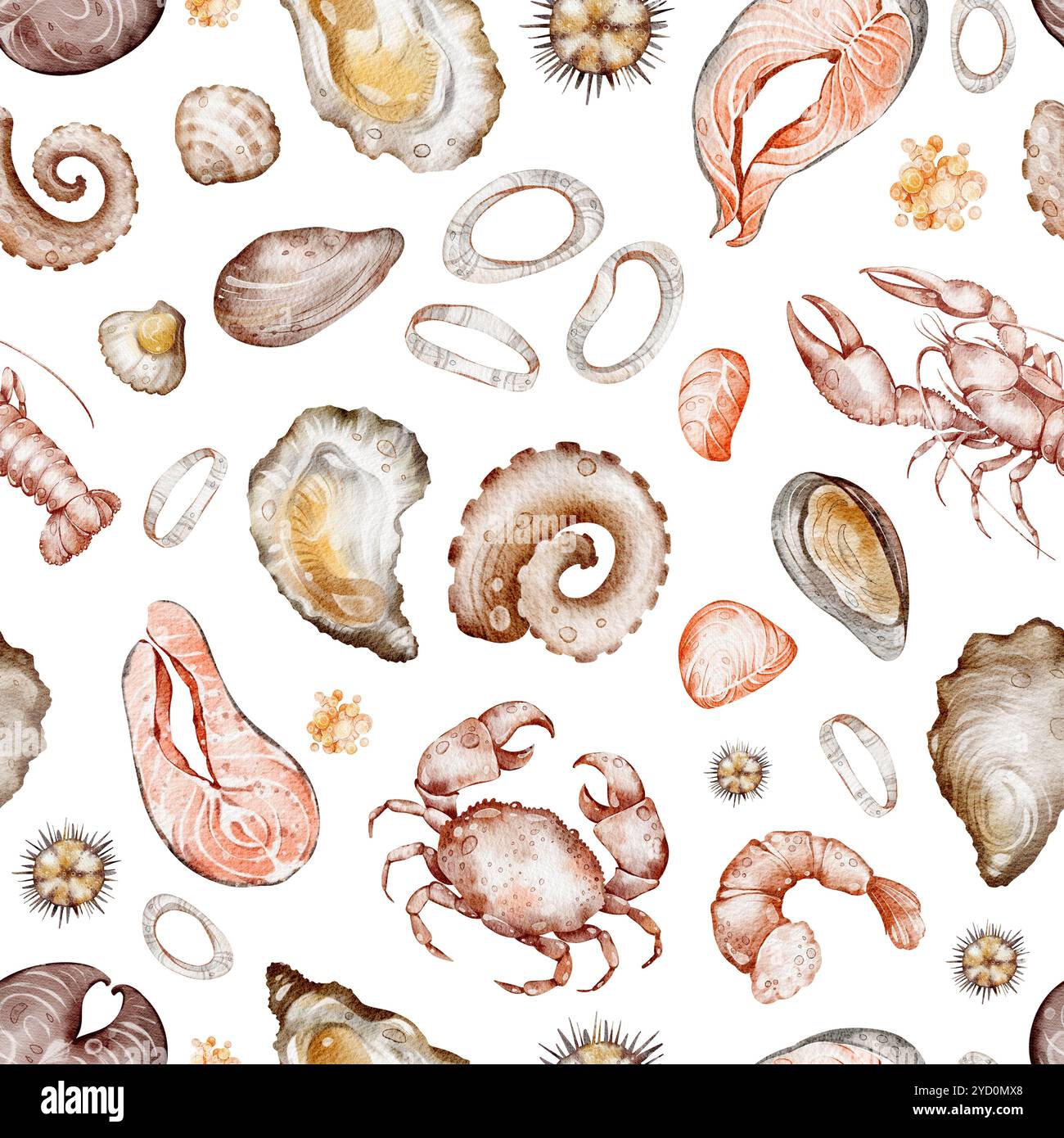 Watercolor Seafood seamless pattern on black background. Hand drawn ...