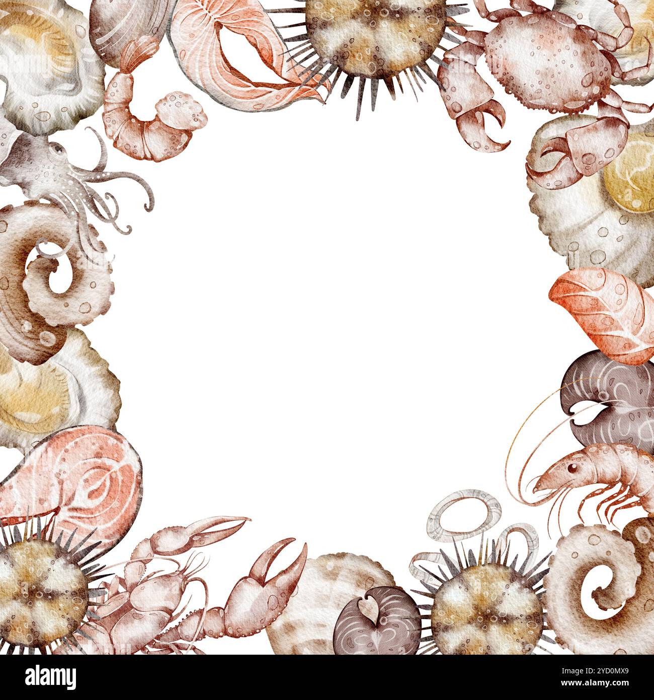Seafood background Watercolor frame. Hand drawn shrimp, lobster, crab ...
