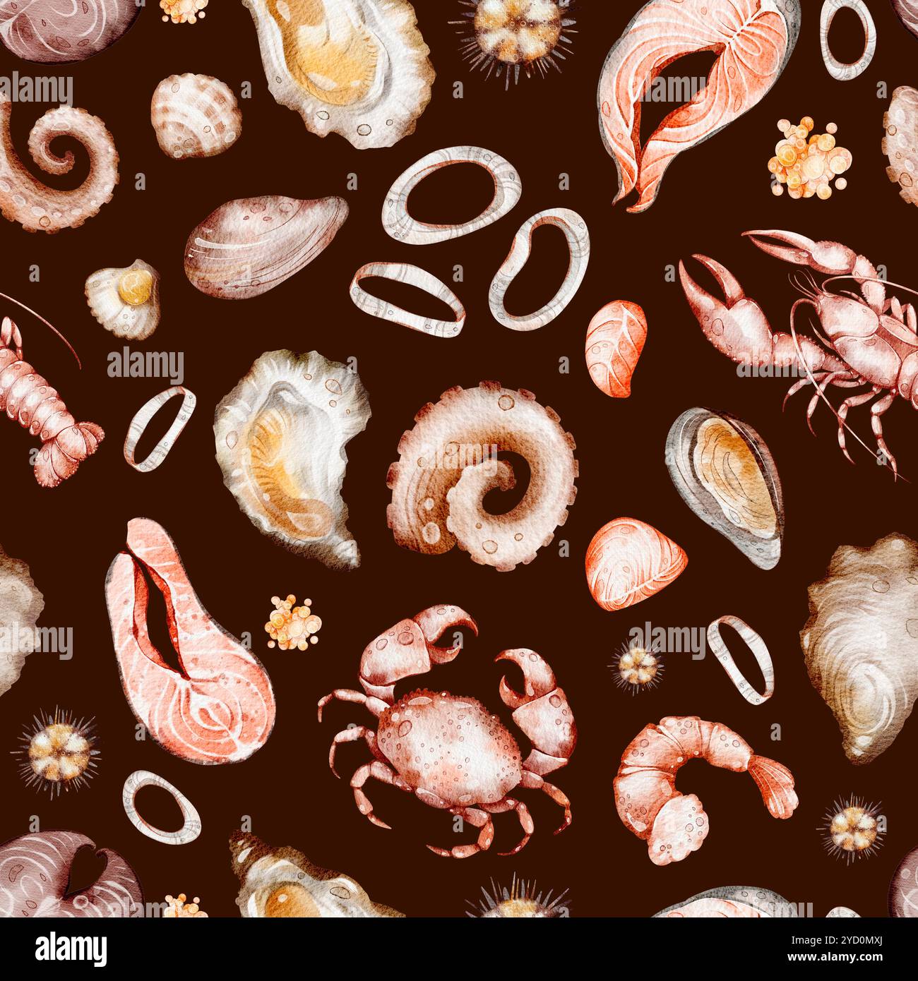 Watercolor Seafood seamless pattern on black background. Hand drawn ...