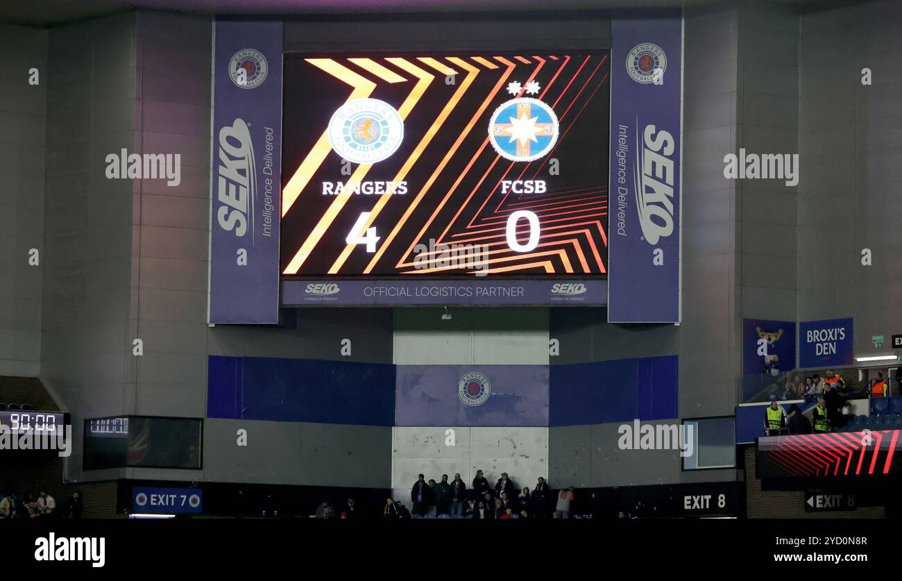 The stadiums screen shows the final score of 4-0 to Rangers after the ...