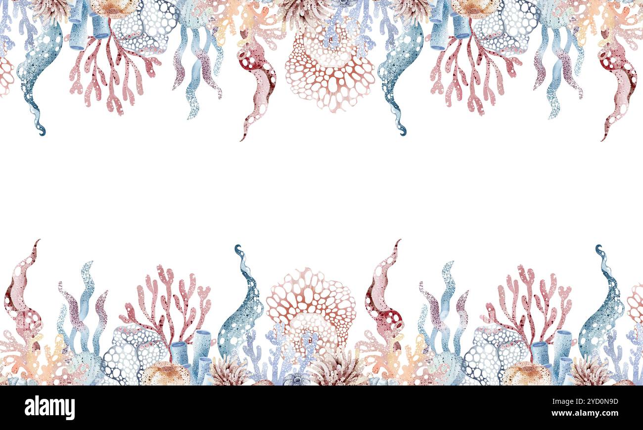 Seaweed banner Watercolor underwater board. Hand drawn cartoon marine ...