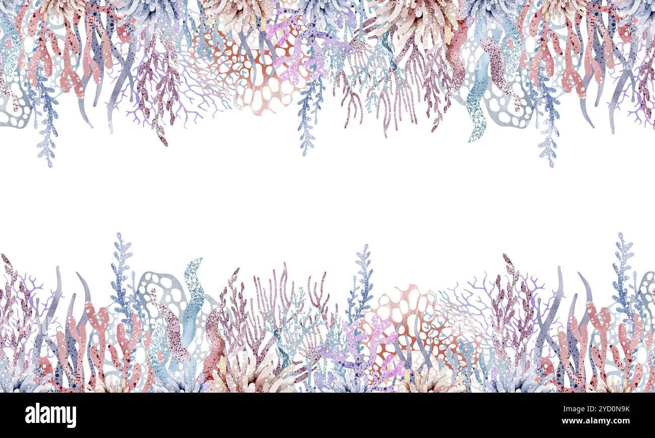Seaweed banner Watercolor underwater board. Hand drawn cartoon marine ...