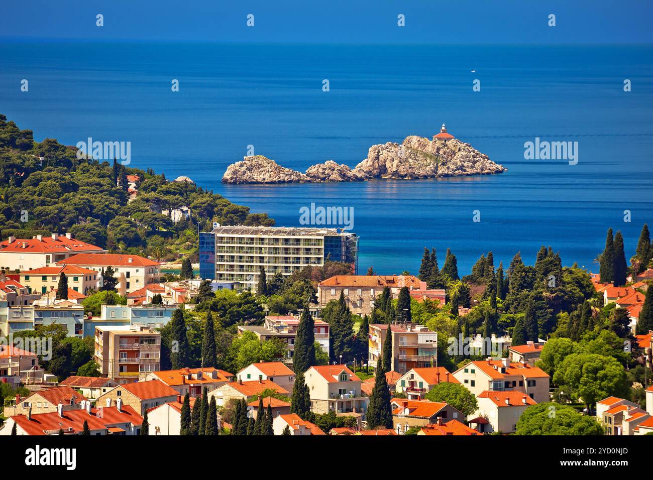 Dubrovnik waterfront and Grebeni island lighthouse view, southern ...