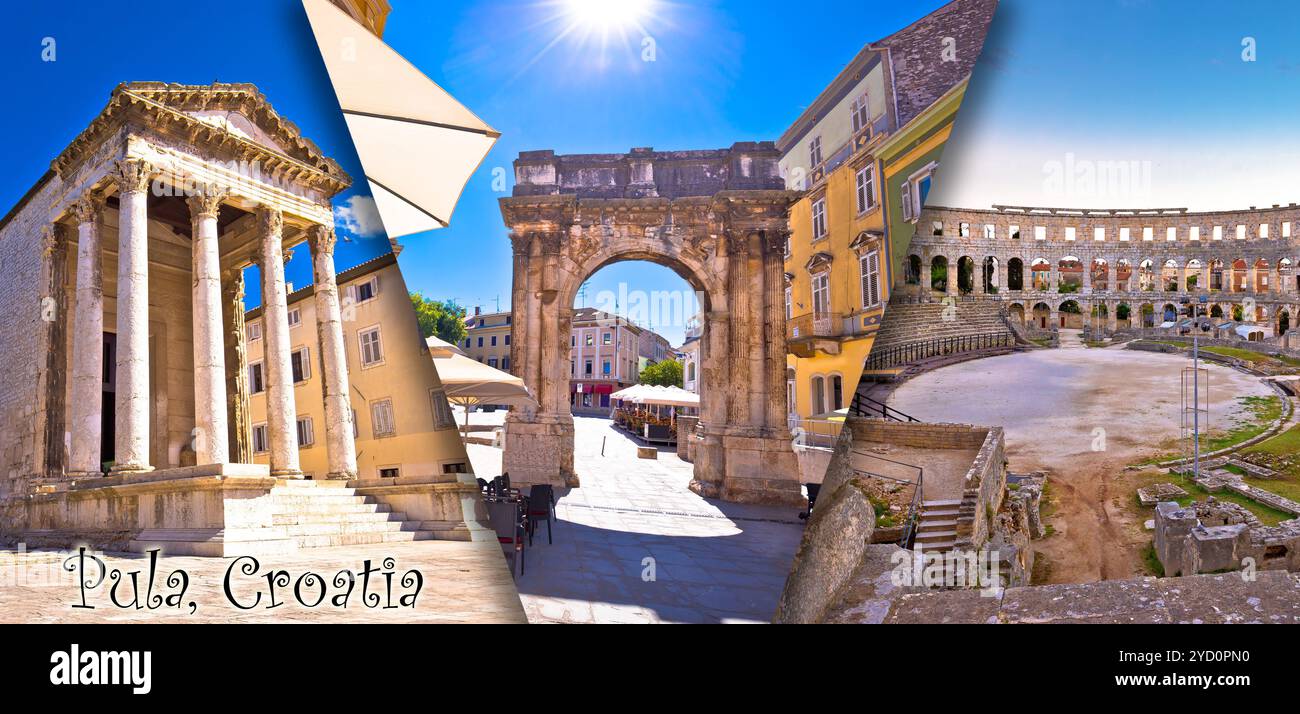 Town of Pula historic Roman landmarks panoramic collage tourist ...