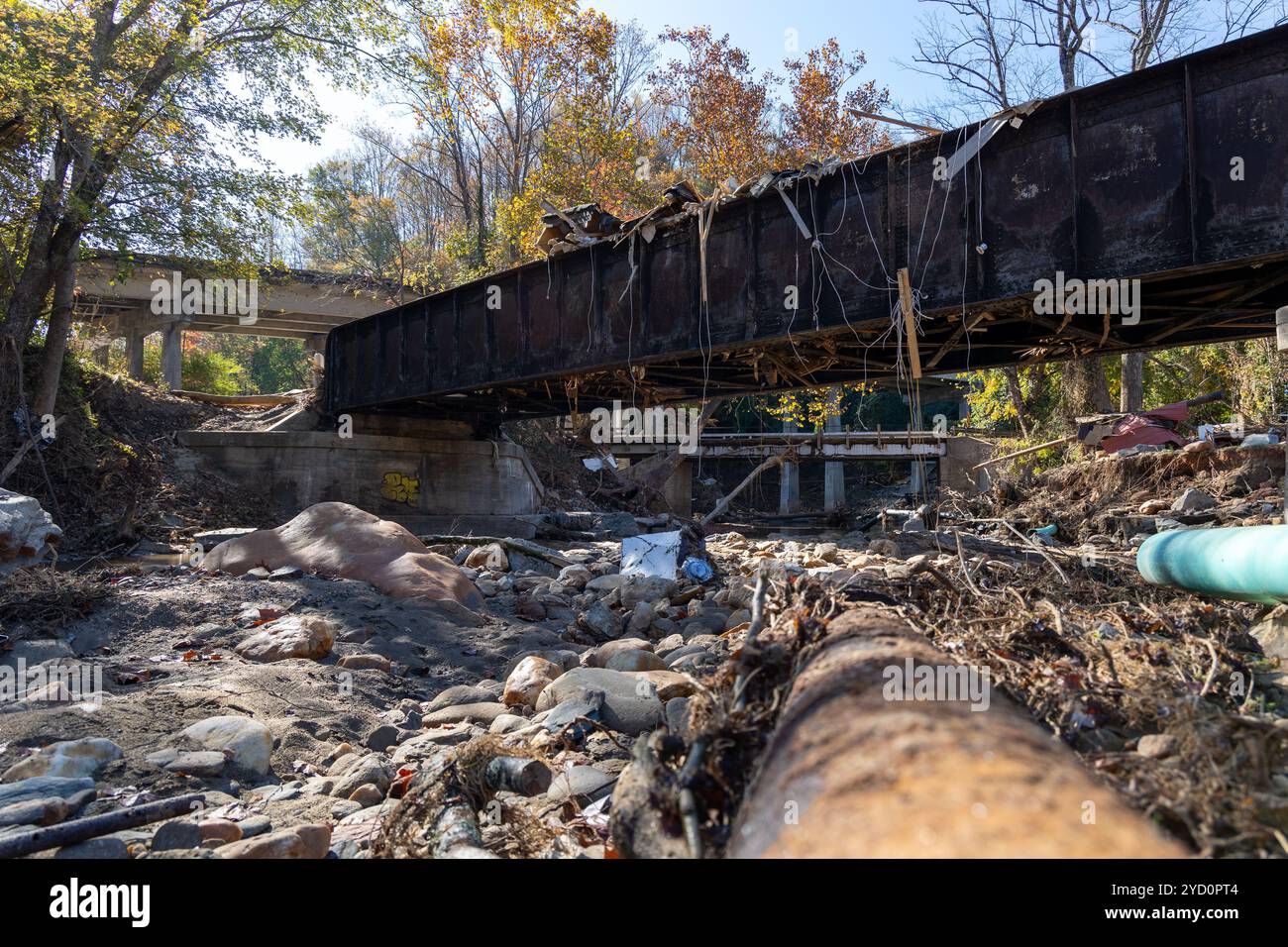 A bridge near Old Fort, North Carolina, shows extensive damage on ...