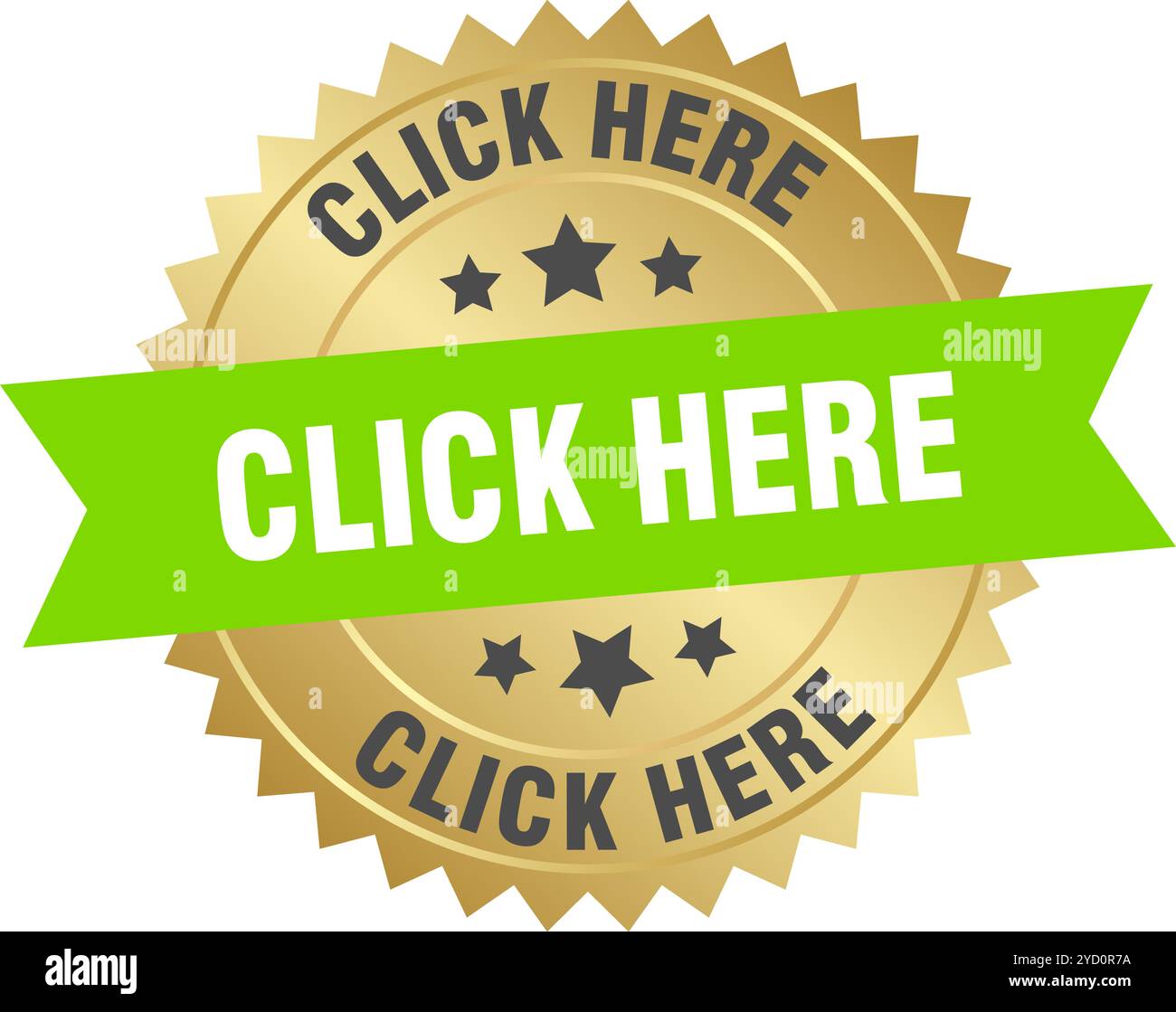 click here round green and gold label isolated on transparent ...