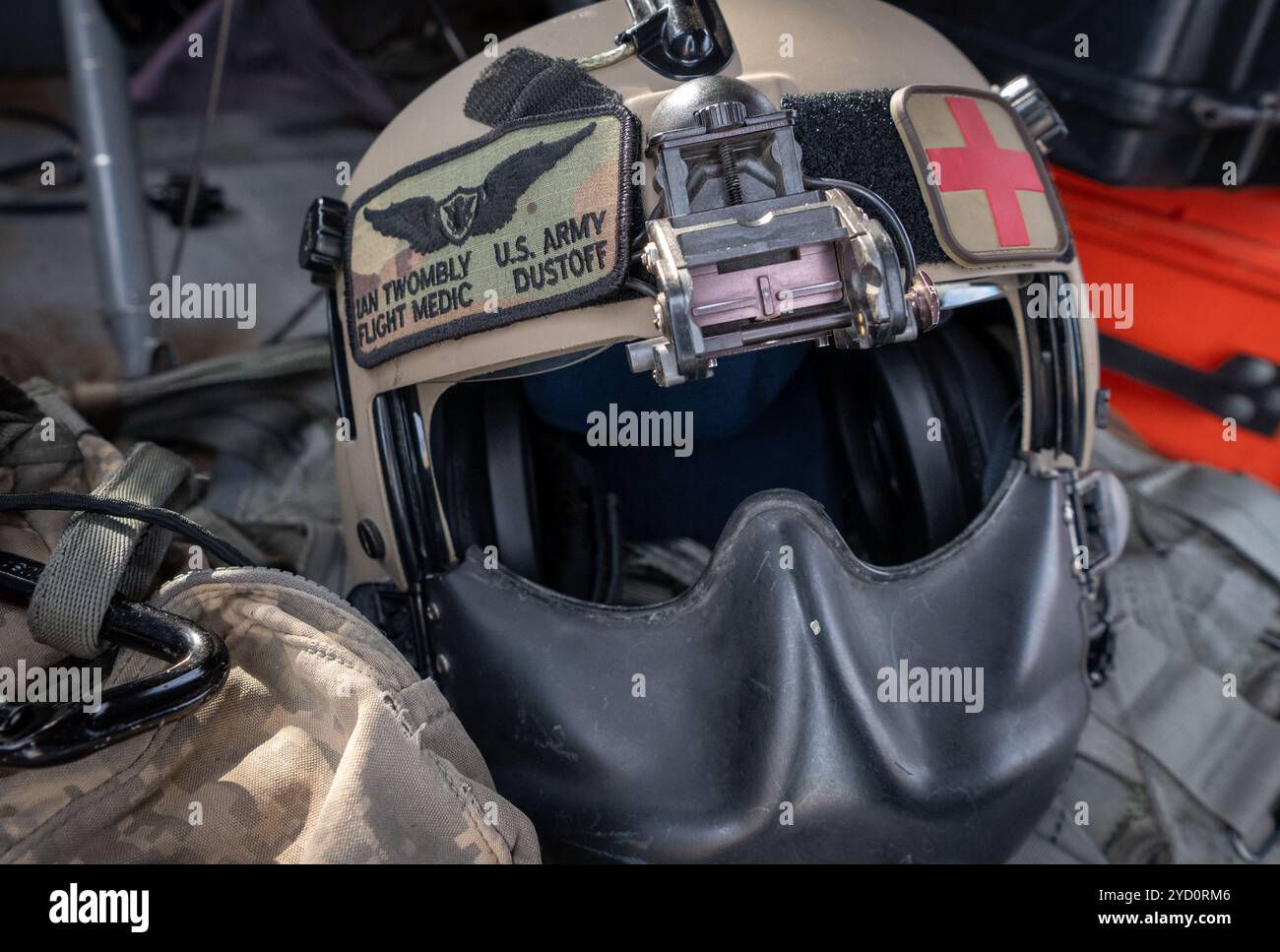 An Arizona Army National Guard flight medic's helmet is seen inside a ...