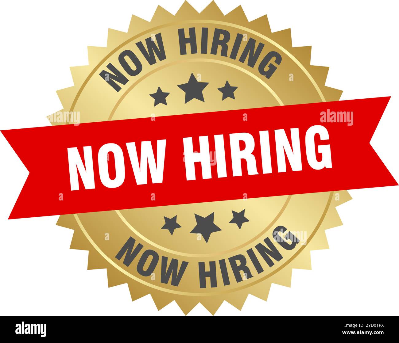 now hiring round red and gold label isolated on transparent background ...