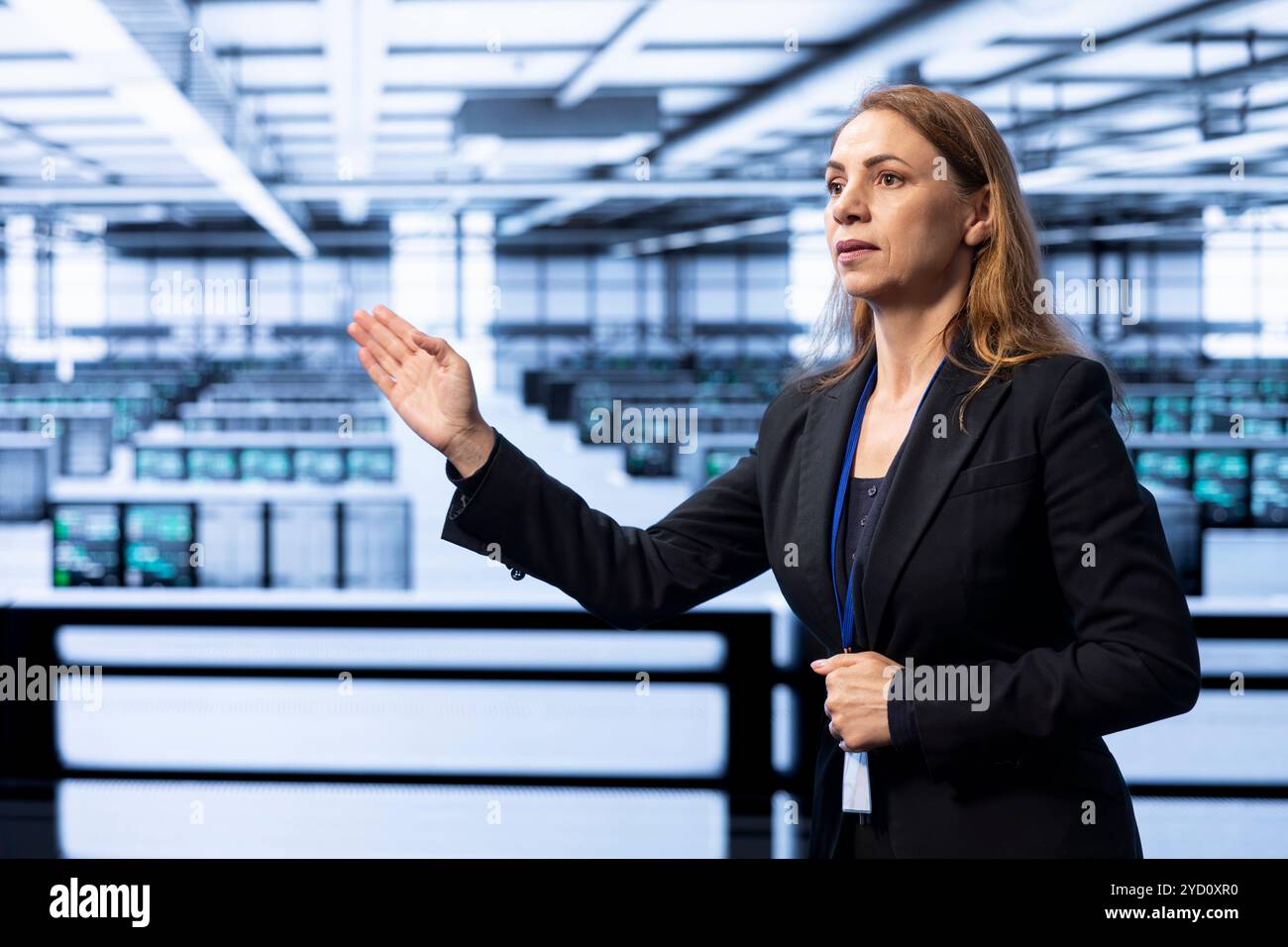 Software Developer In Data Center Checking Rigs And Hardware Doing Checkup With Ar Hologram
