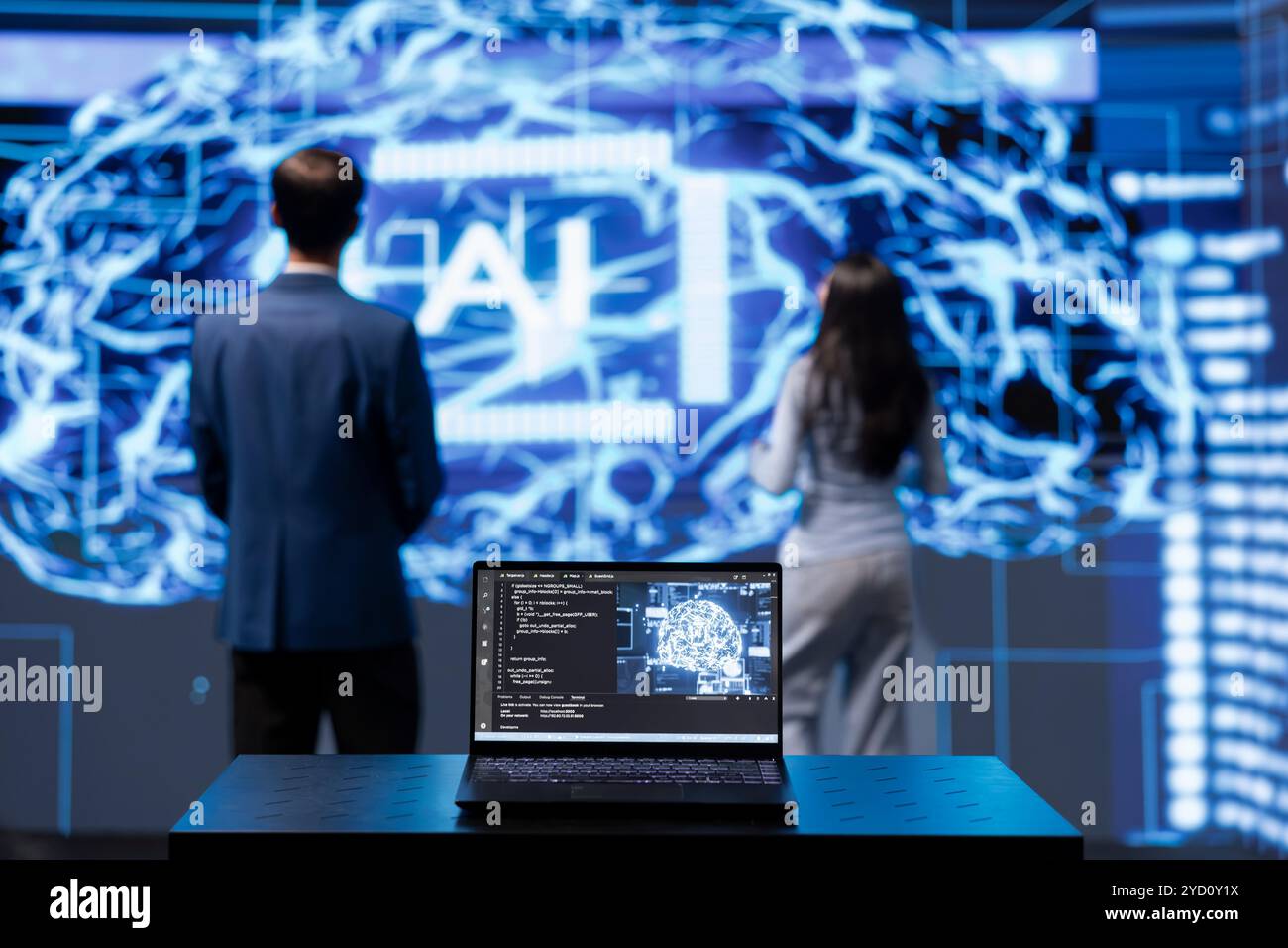 Team of engineers using AR tech to visualize AI neural networks brain ...