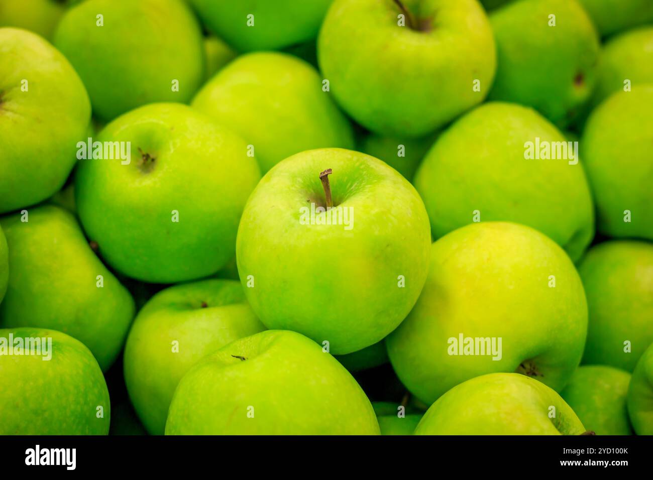 Green apples on the supermarket showcase. Fruit in the store Stock ...
