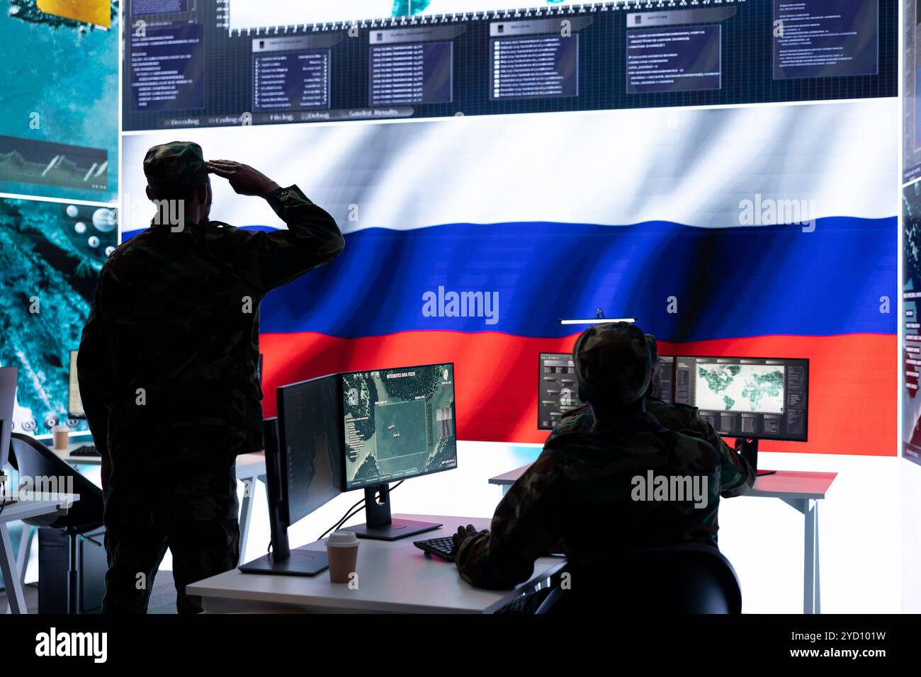 Russian army soldier presenting the official salute in operations room ...