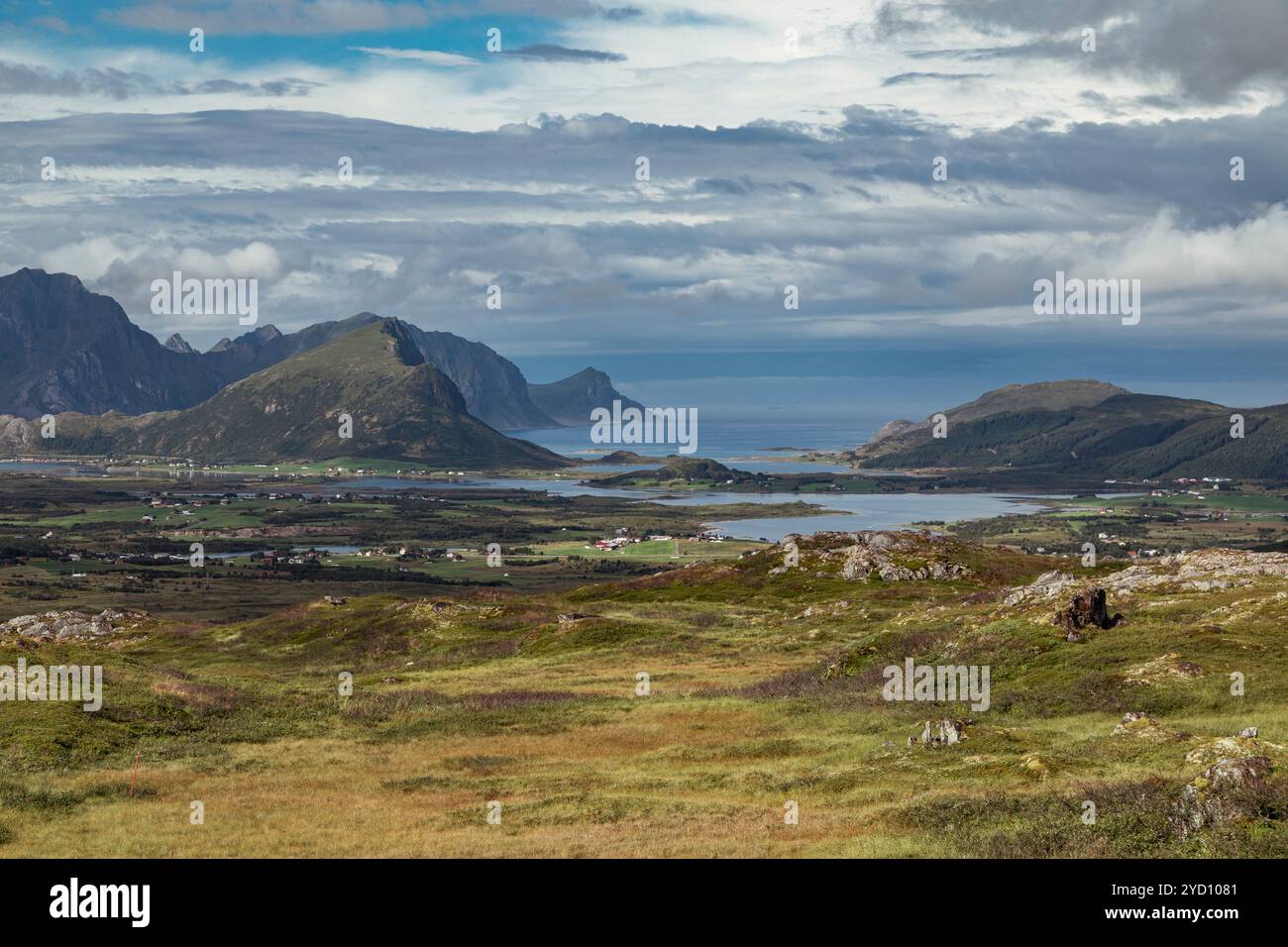 A stunning view captures the expansive landscape of the Lofoten Islands ...