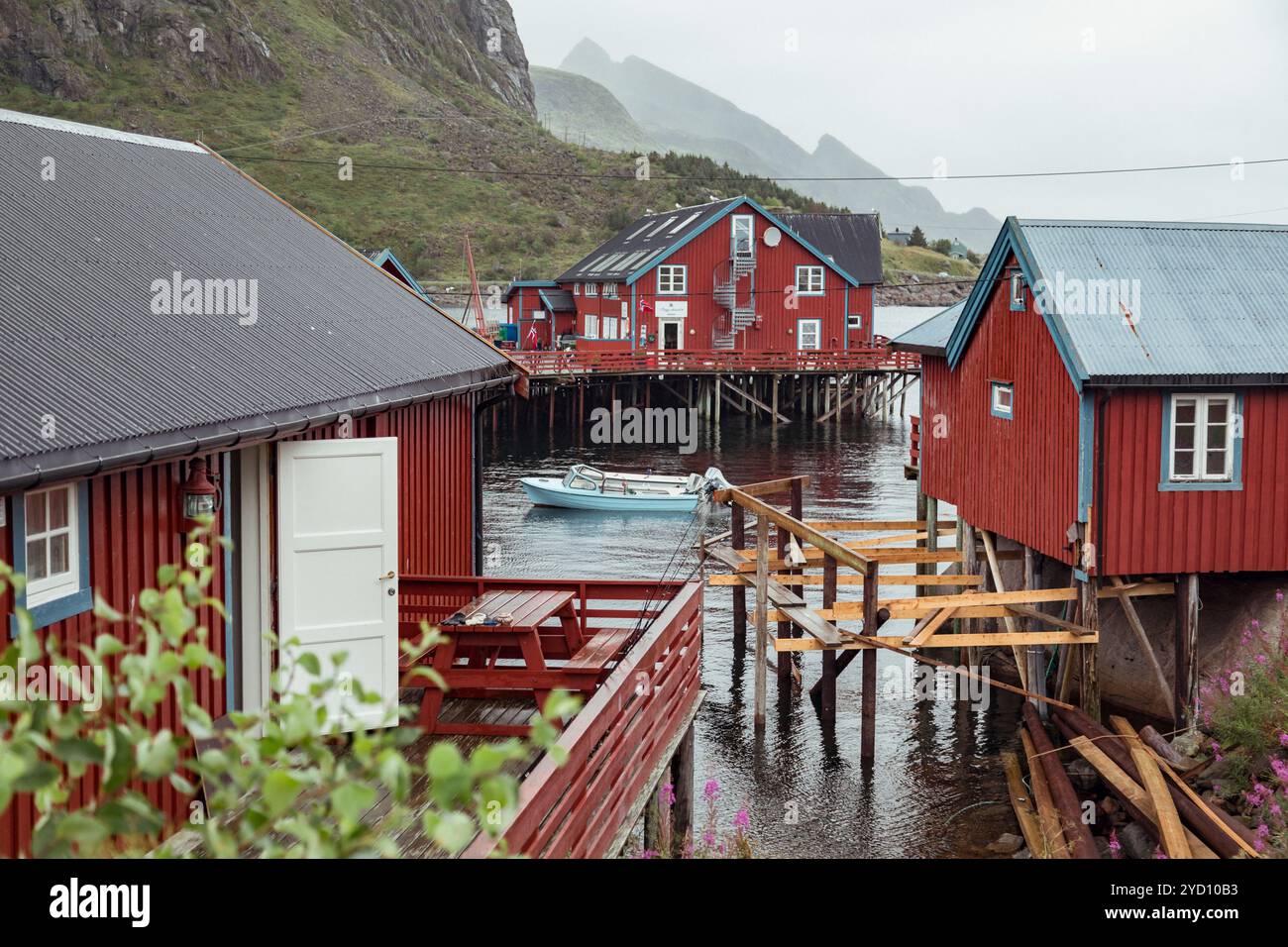 Red cottages perched on stilts beside a serene lake create a ...