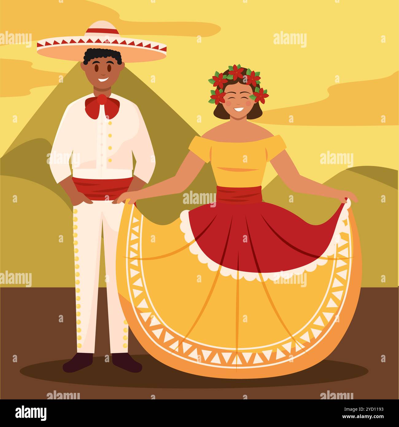 Mexican couple in charro and folk costumes outdoors, Vector Stock ...