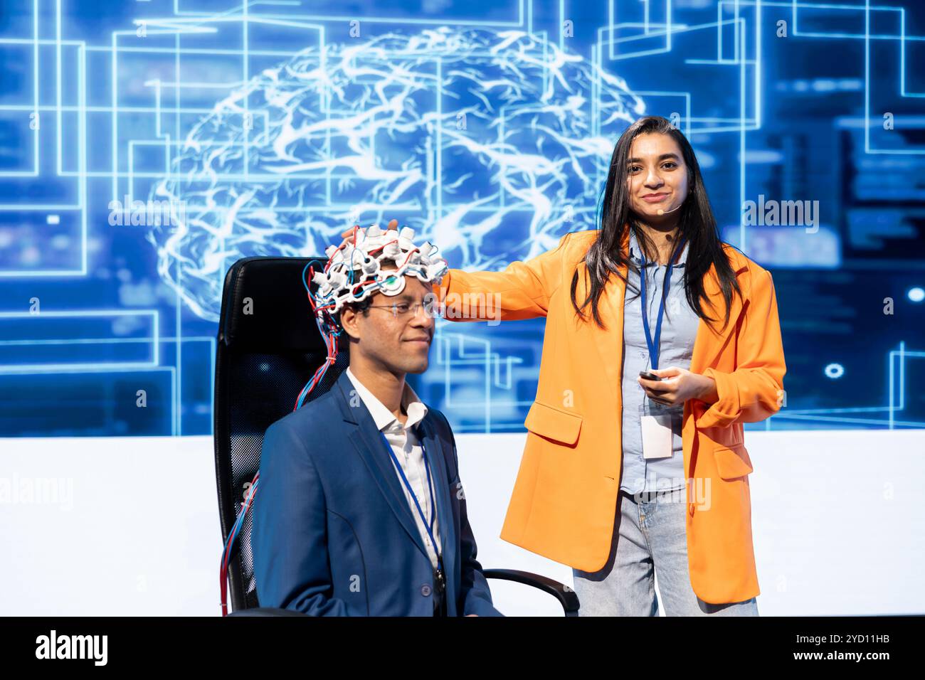 Smiling neuroscientists talking at AI convention, sharing neural ...