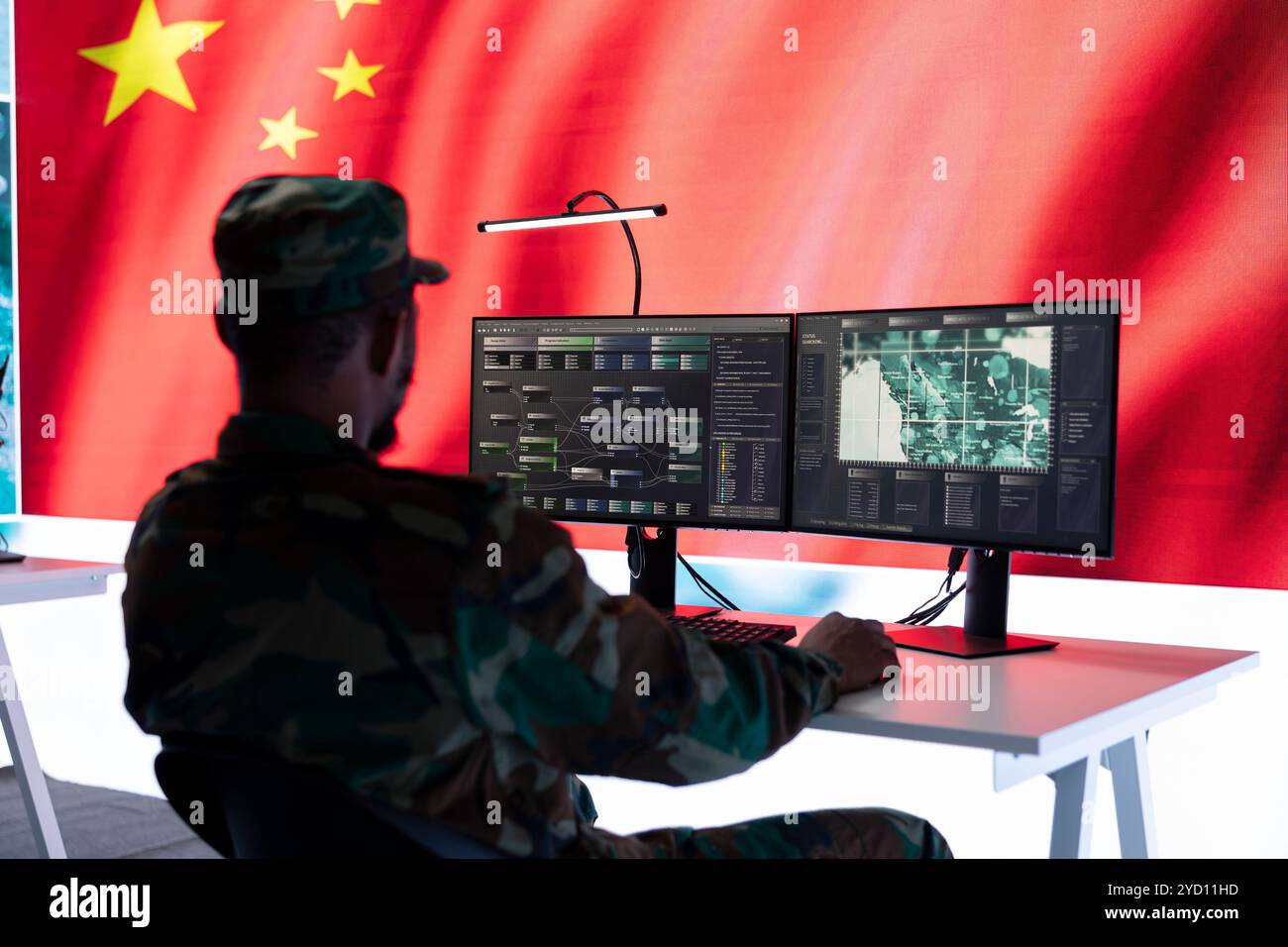 Officer analyzes critical warfare data in a Chinese military command ...