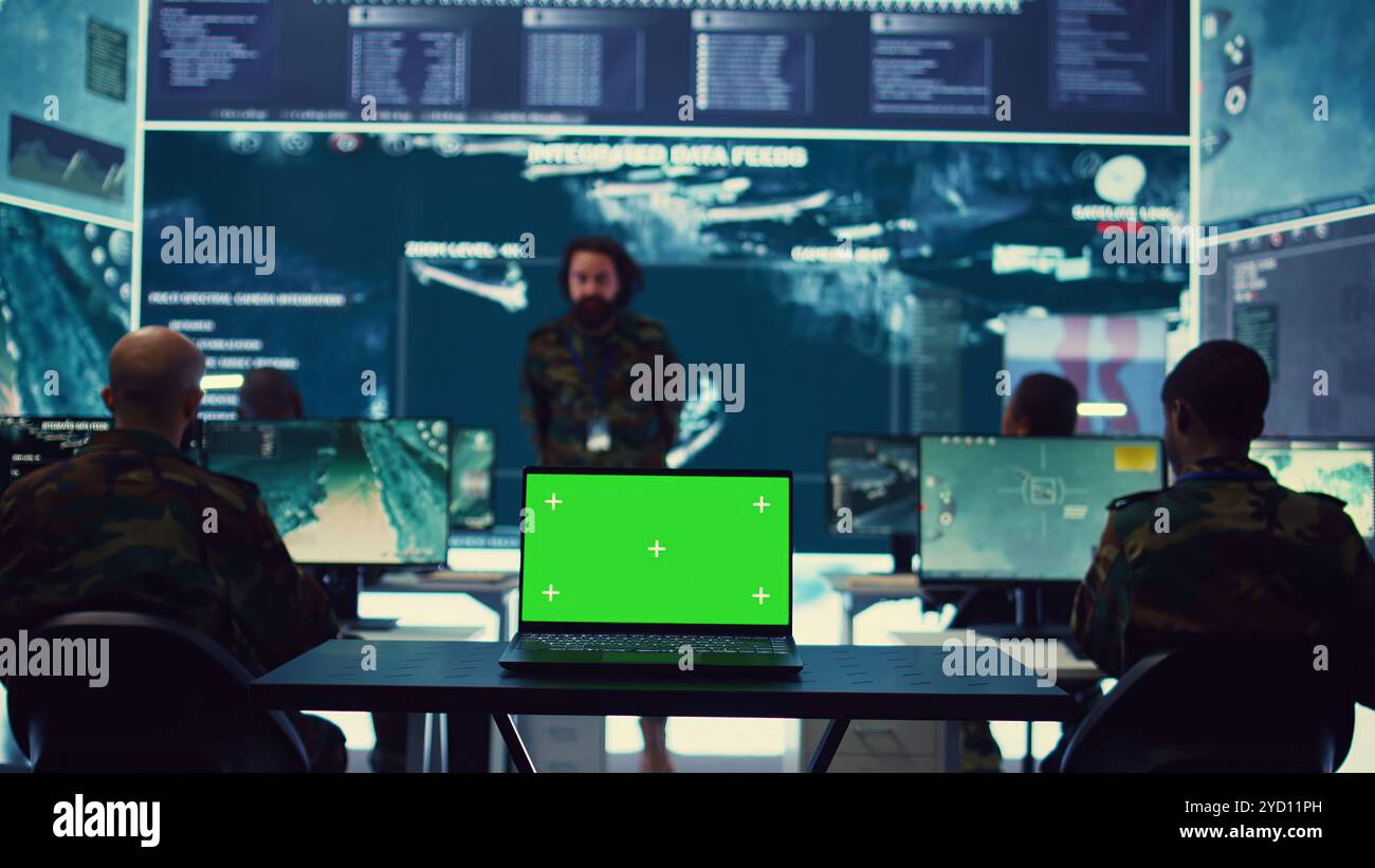 Laptop Showing Isolated Mockup Screen In Army Base Of Operations Military Personnel Working On