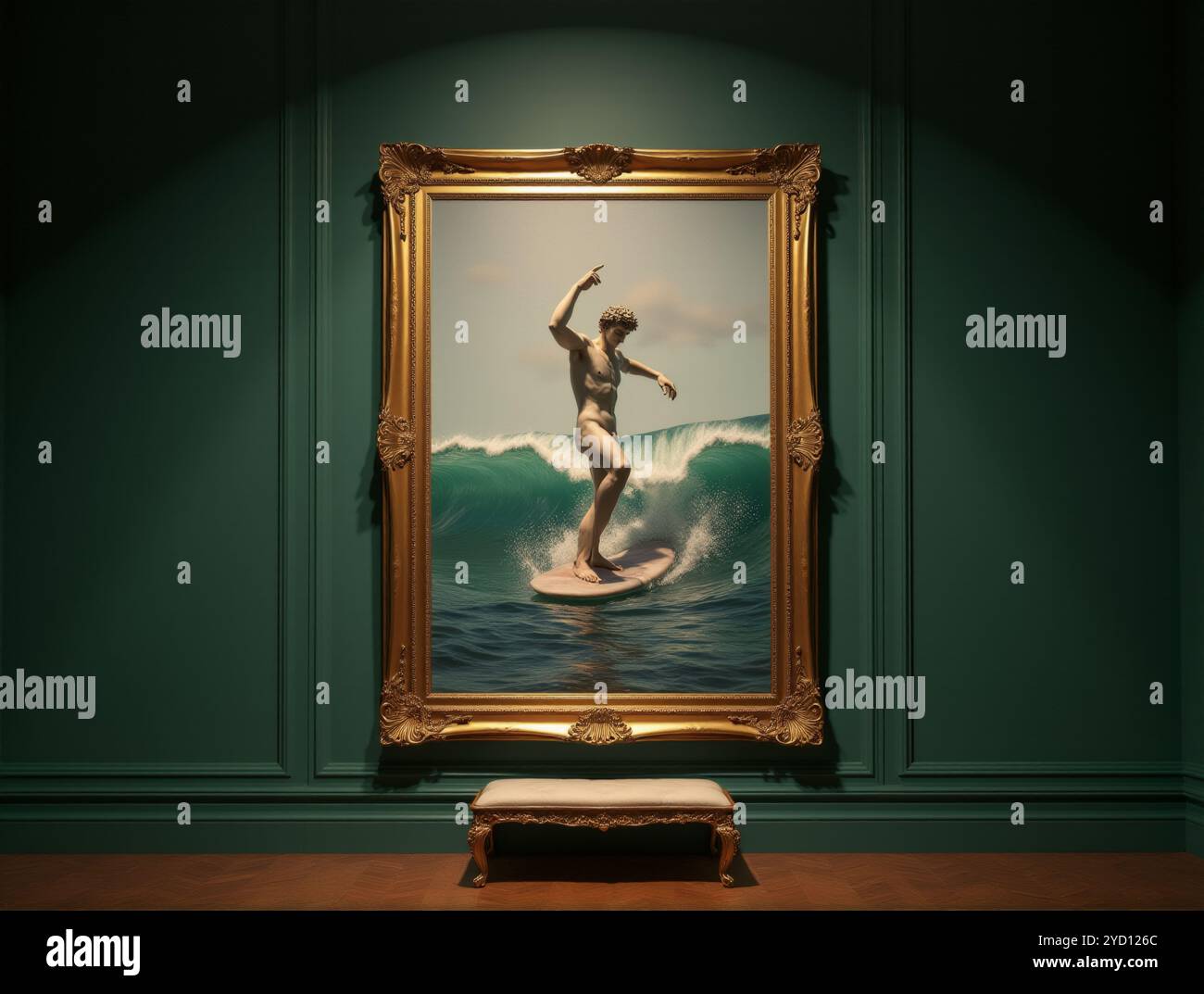 Surreal Oil Painting of Michelangelo's David Surfing a Huge Wave in ...