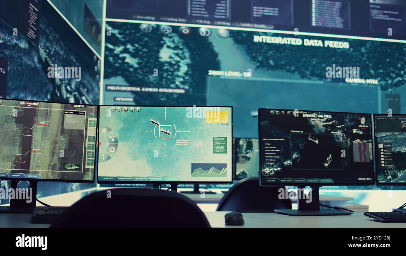 Empty military operation room headquarters with a big screen and desks ...