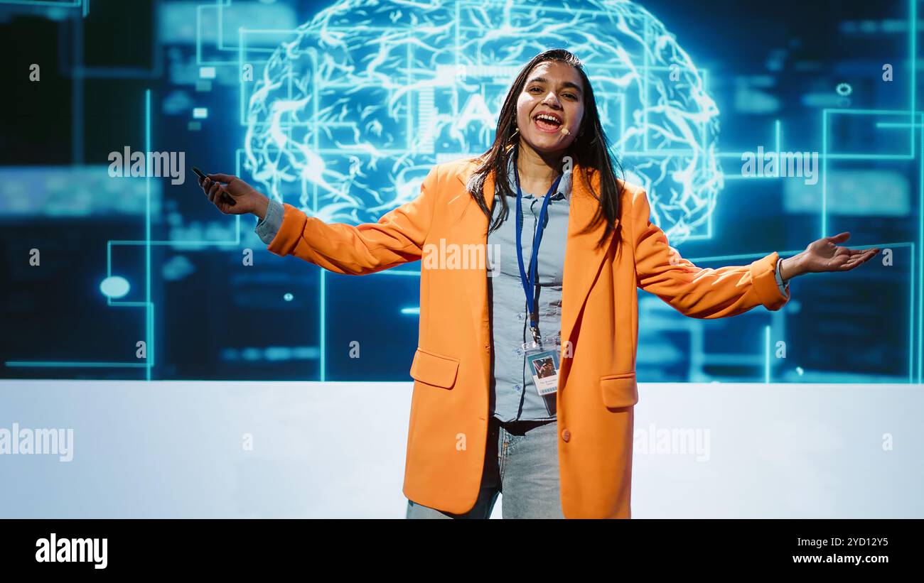 Speaker talking with world leading technology experts and innovators meeting at event to do deep ...