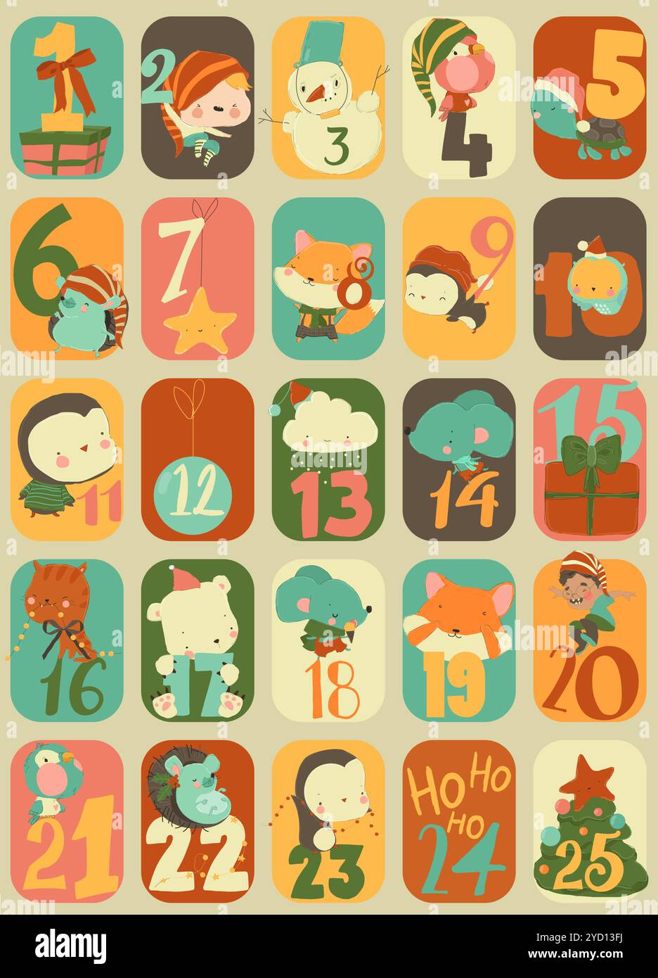 Cute Cartoon Advent Calendar with Funny Animals and Christmas Elements ...