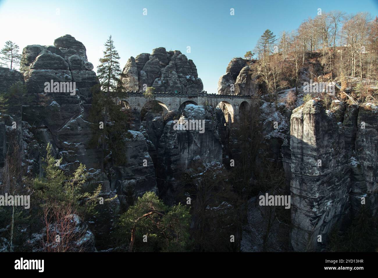 The striking rock formations of the Bastei region showcase a ...