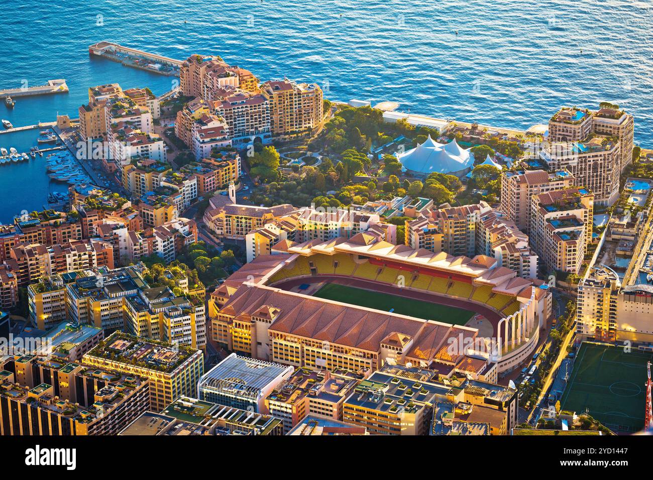 Fontvieille colorful waterfront and AS Monaco stadium aerial view ...