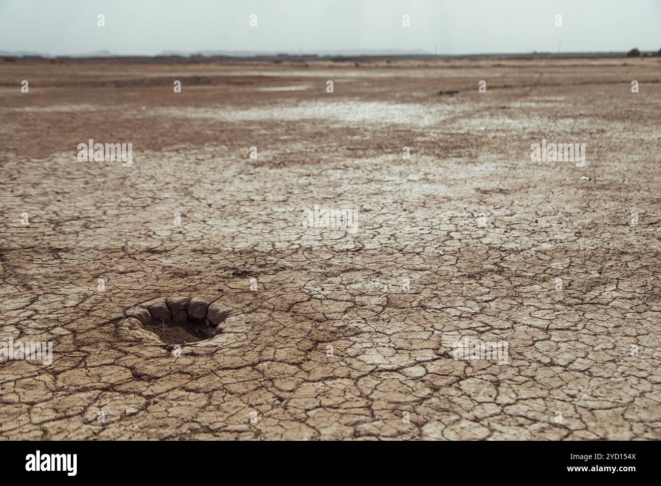 The parched surface of a dry lakebed reveals cracked earth and a small depression, highlighting ...