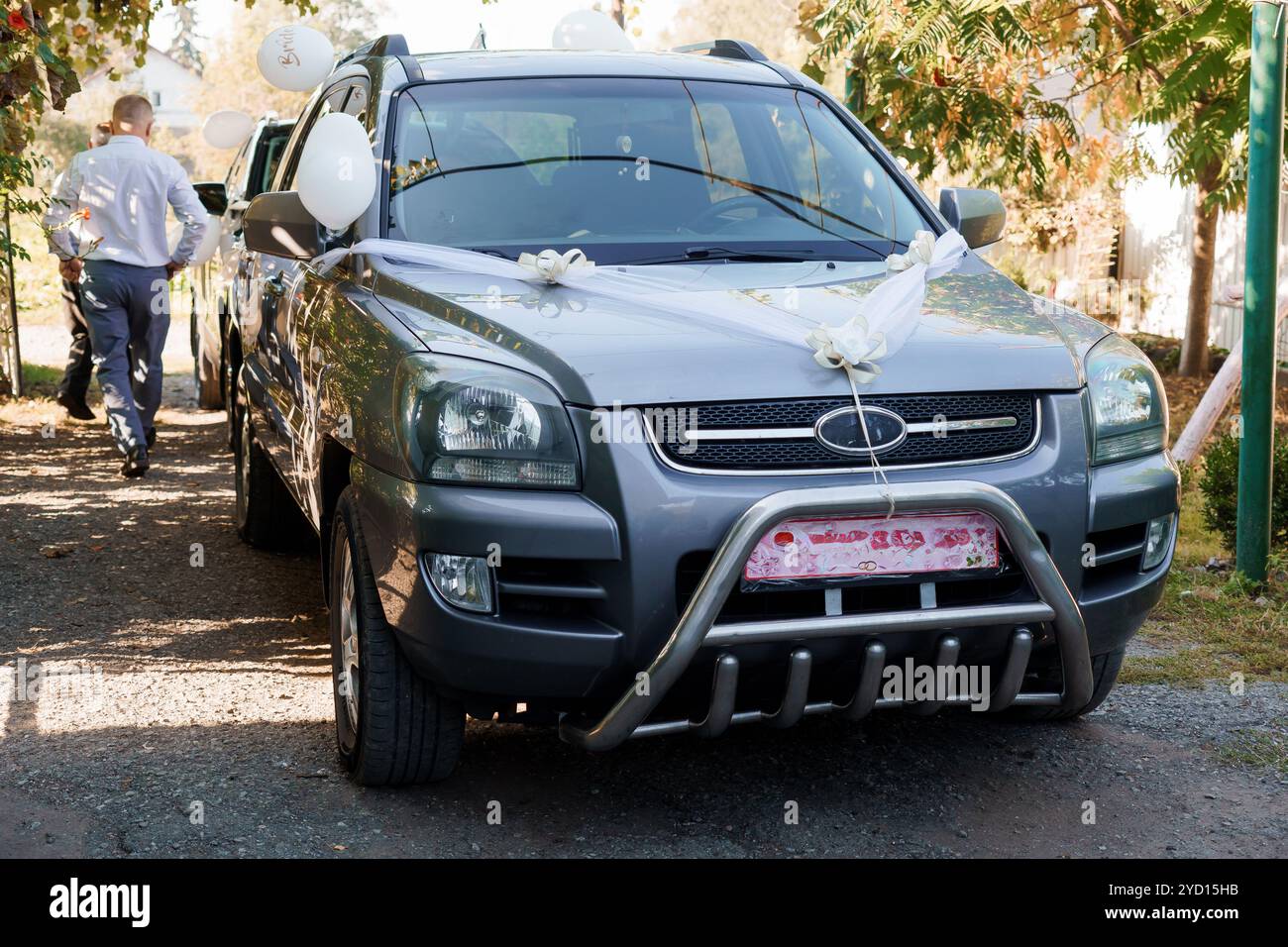 Elegant Wedding Car Decorated with Ribbons and Balloons Stock Photo - Alamy