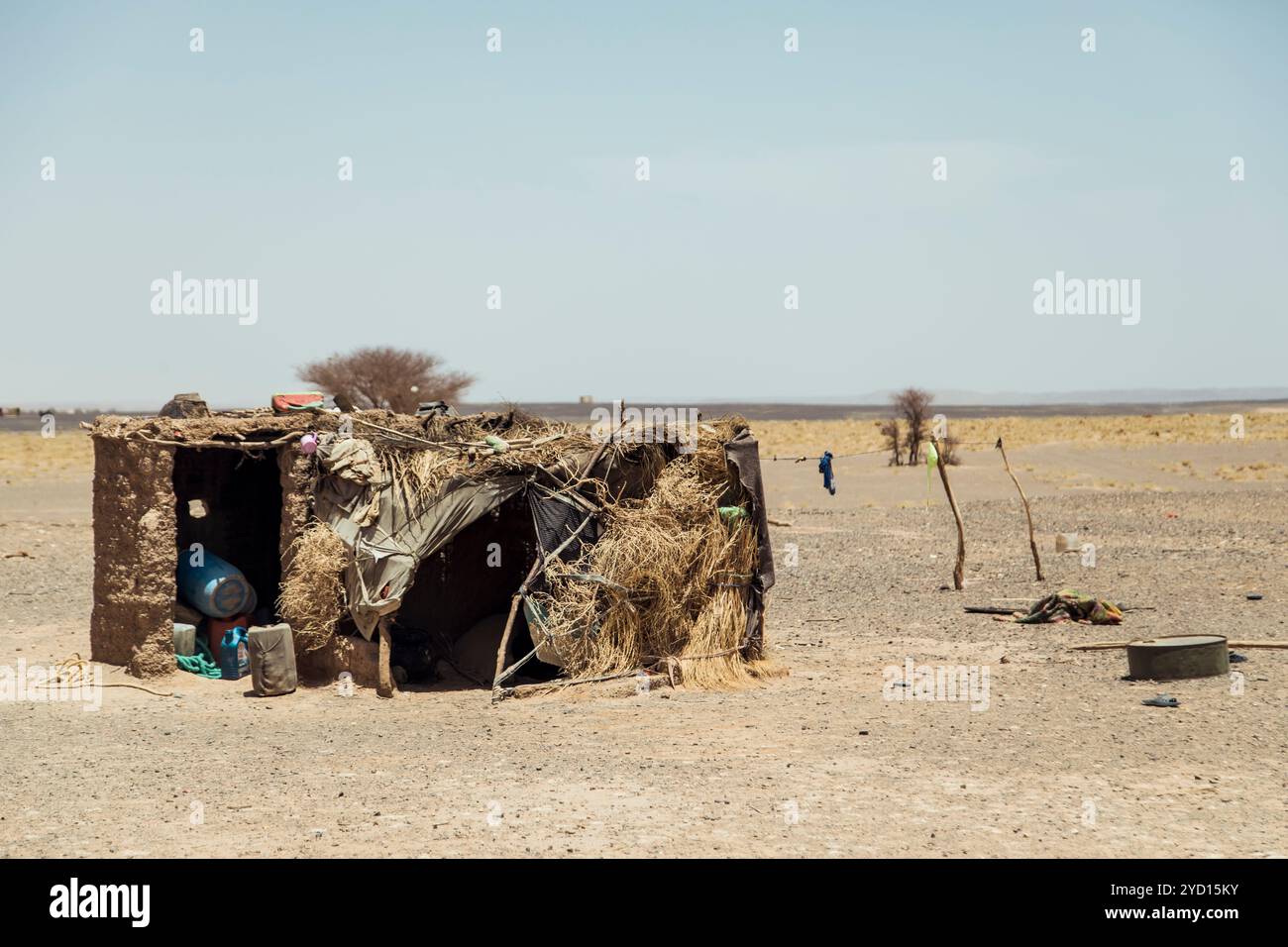In the vast Sahara Desert of Morocco, a simple hut made of natural ...