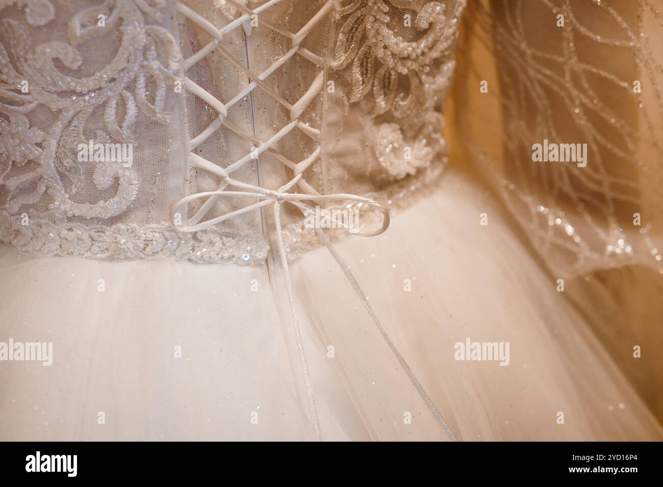 Intricate Details of a Wedding Dress Lace Bodice and Satin Skirt Stock ...