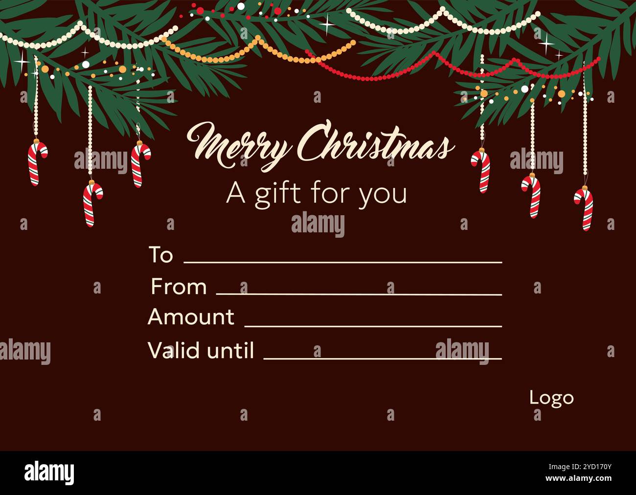 Christmas gift certificate template with hand drawn fir tree garland ...