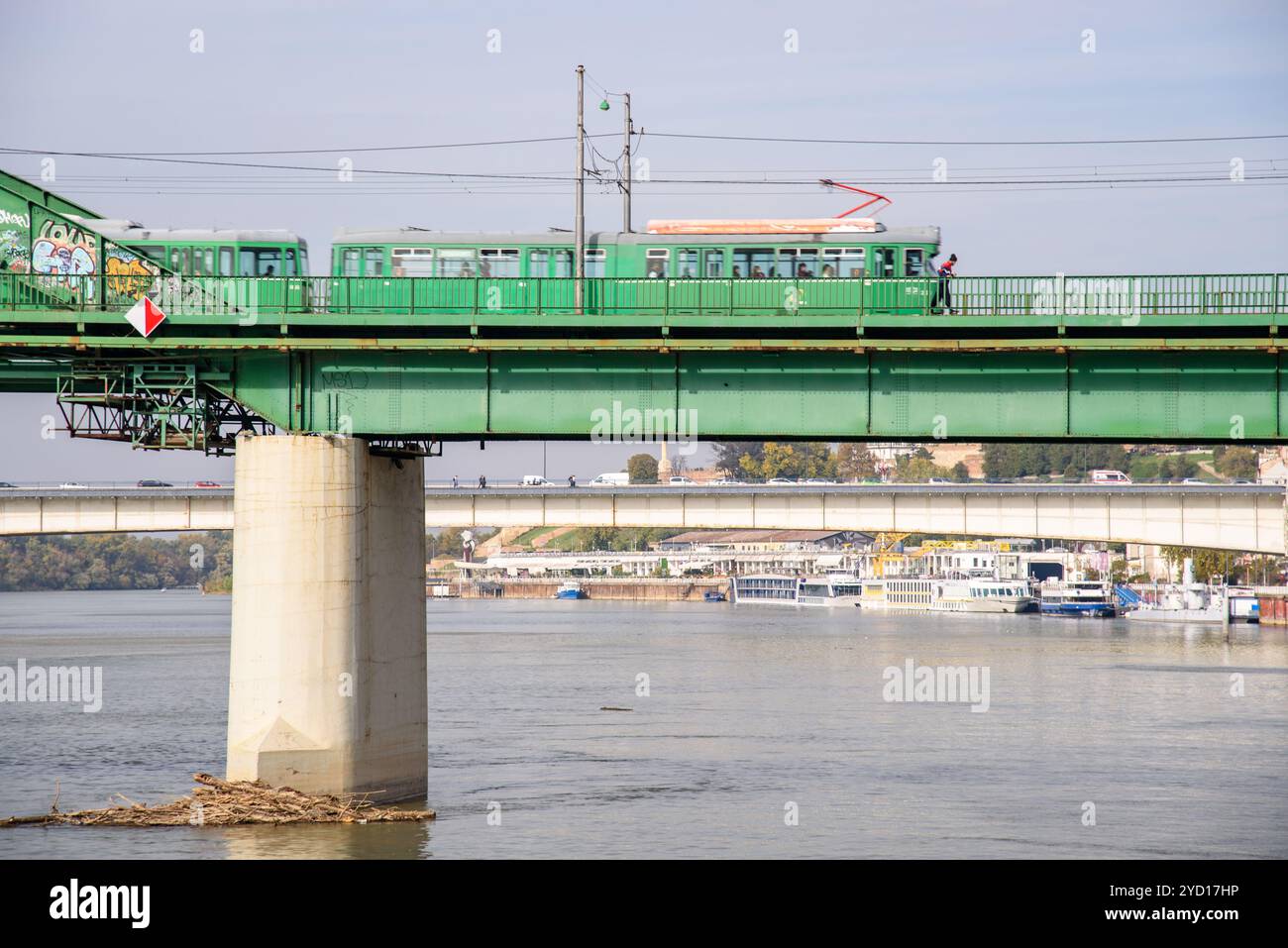 Old Sava Bridge, crossing the river Sava and used for car and tram ...