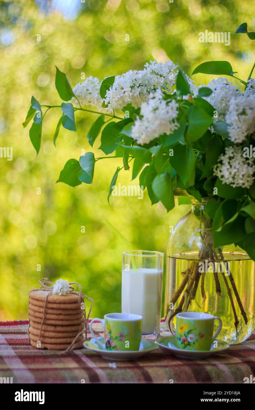 A cup of tea, cookies and flowers of lilac. Tea on the balcony. Tea ...