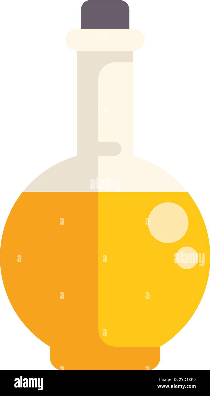 Round bottom flask containing bubbling yellow liquid, isolated on white ...