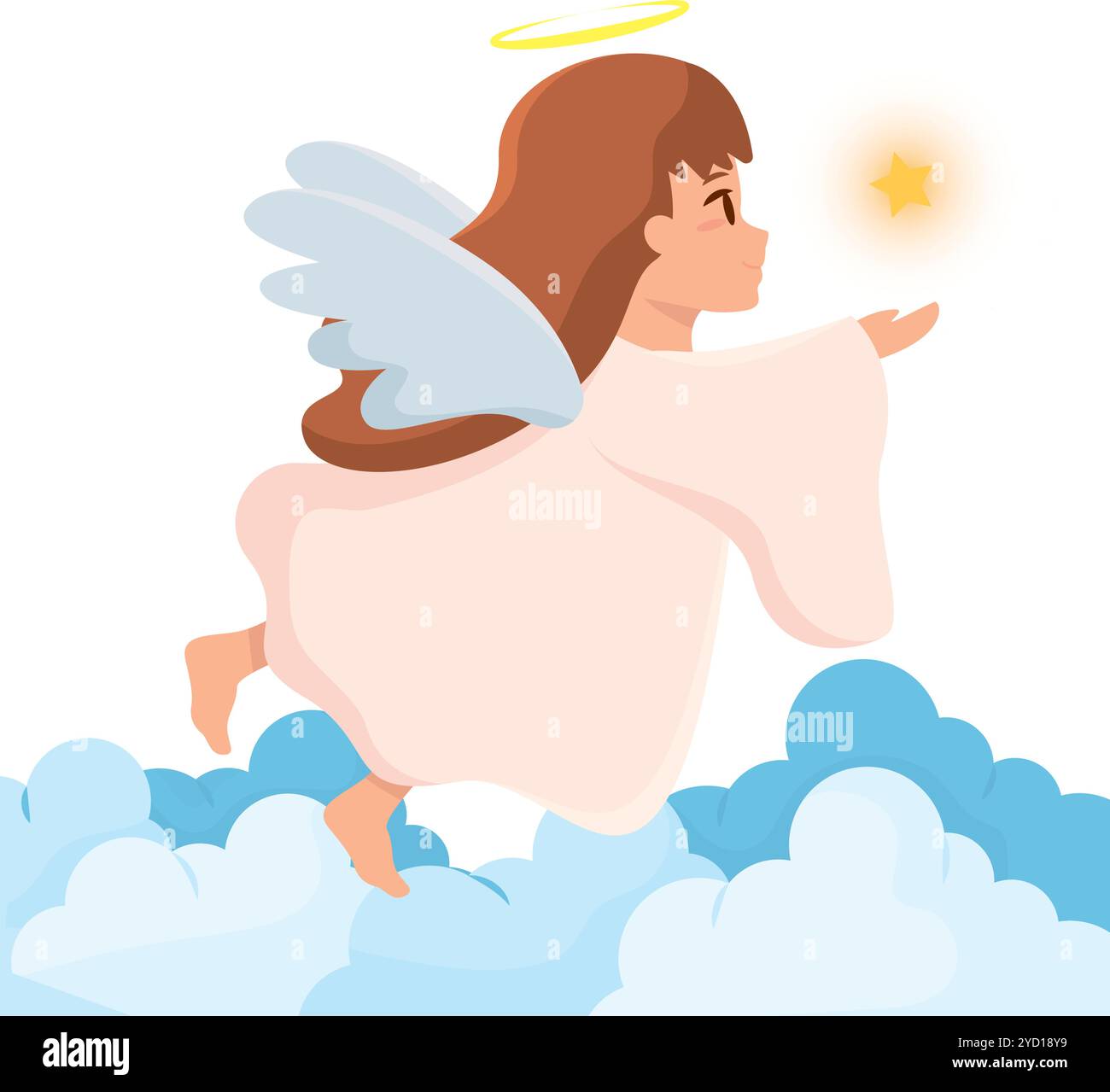 Cute angel with halo flying among clouds holding star Vector Stock ...