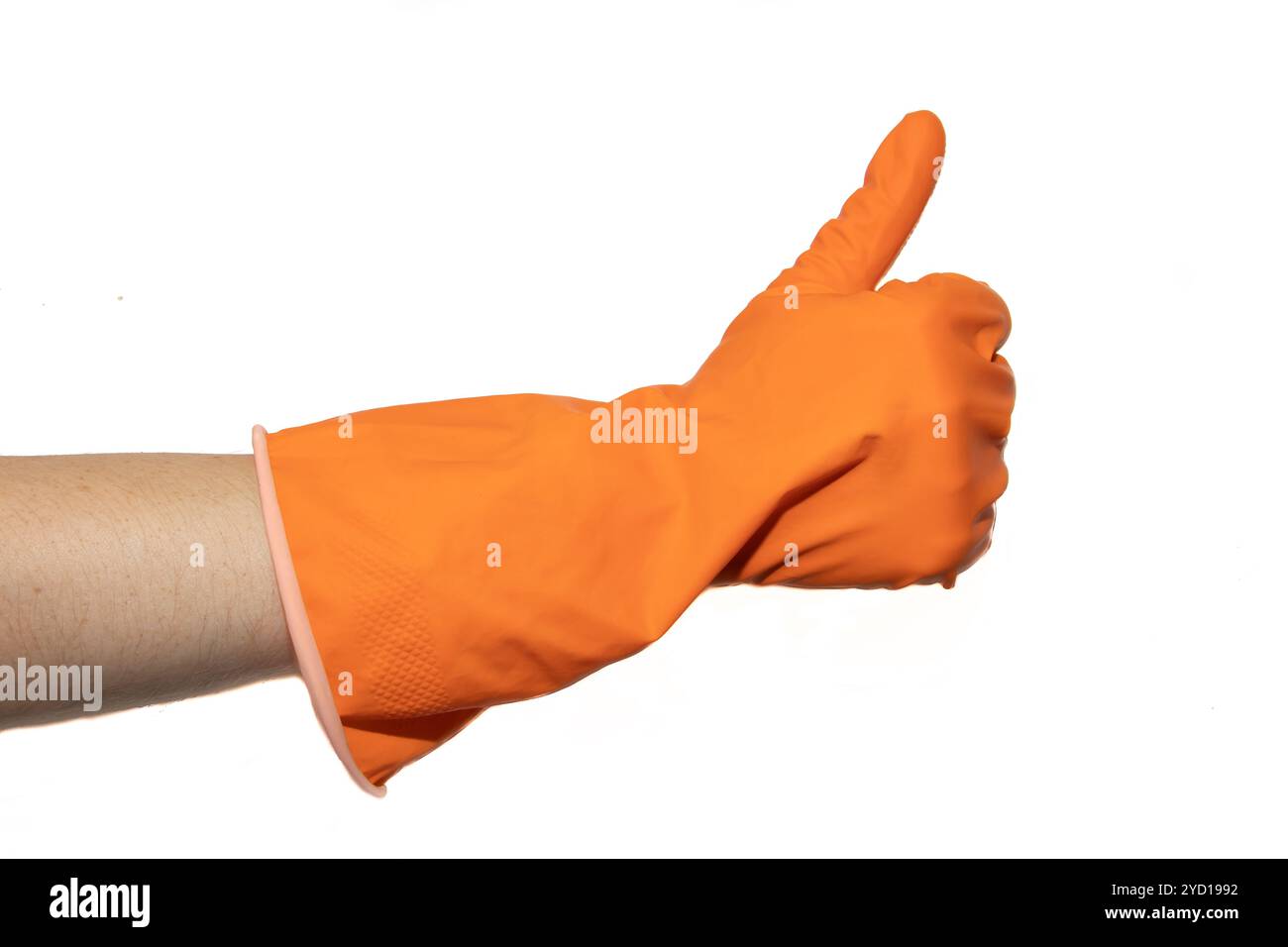 Orange rubber glove on hand isolated on white background. Clean hands ...