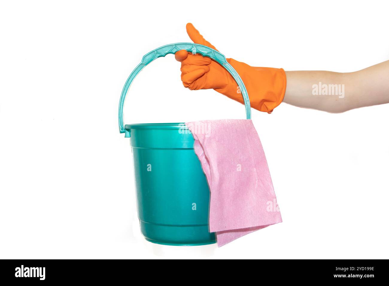 Orange rubber glove on hand isolated on white background. Rubber glove ...