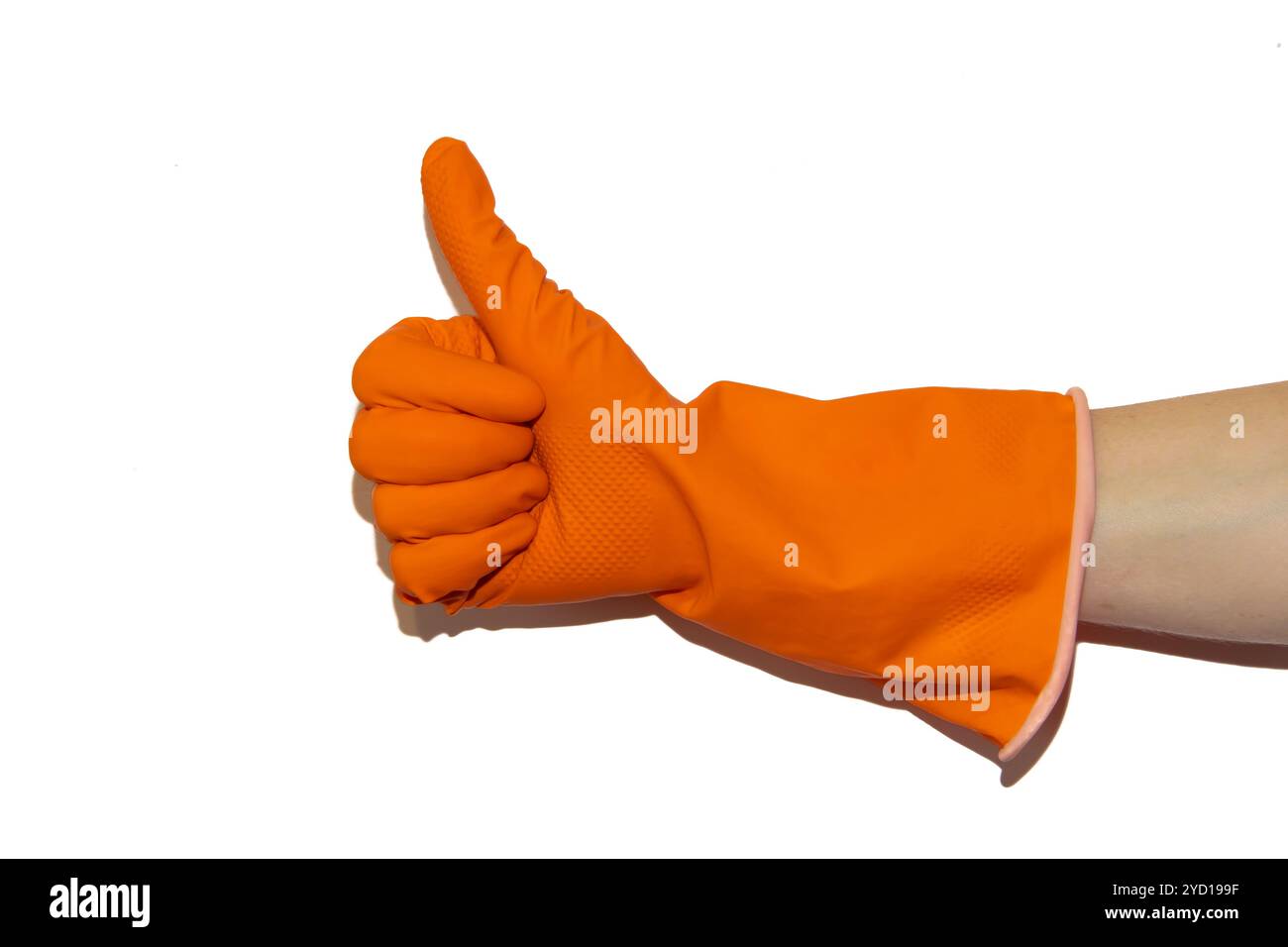 Orange rubber glove on hand isolated on white background. Clean hands ...