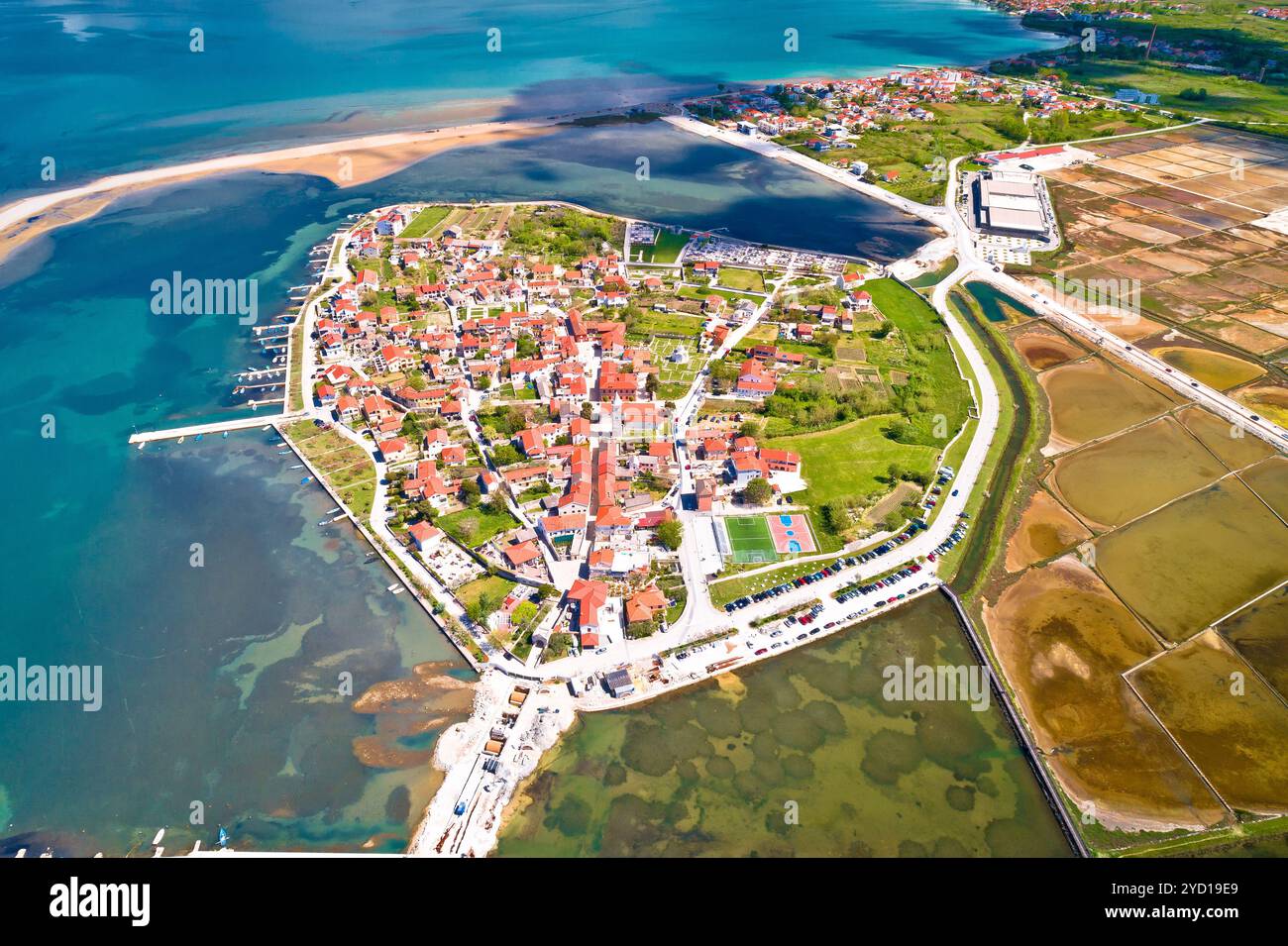 Historic town of Nin laguna and salt fields aerial panoramic view ...